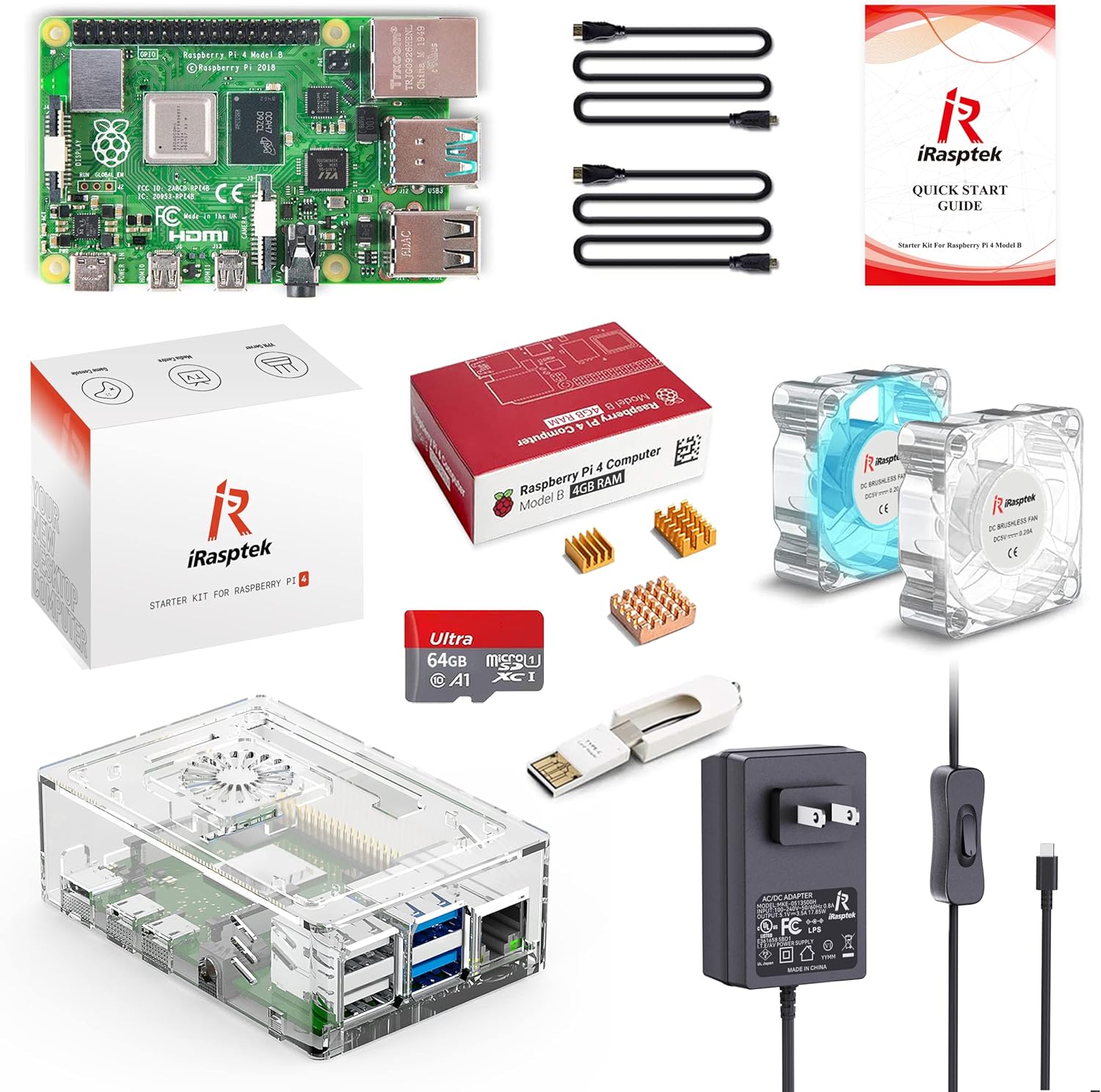 iRasptek Raspberry Pi 4B 4GB RAM Starter Kit - 64GB Edition,Noobs ...
