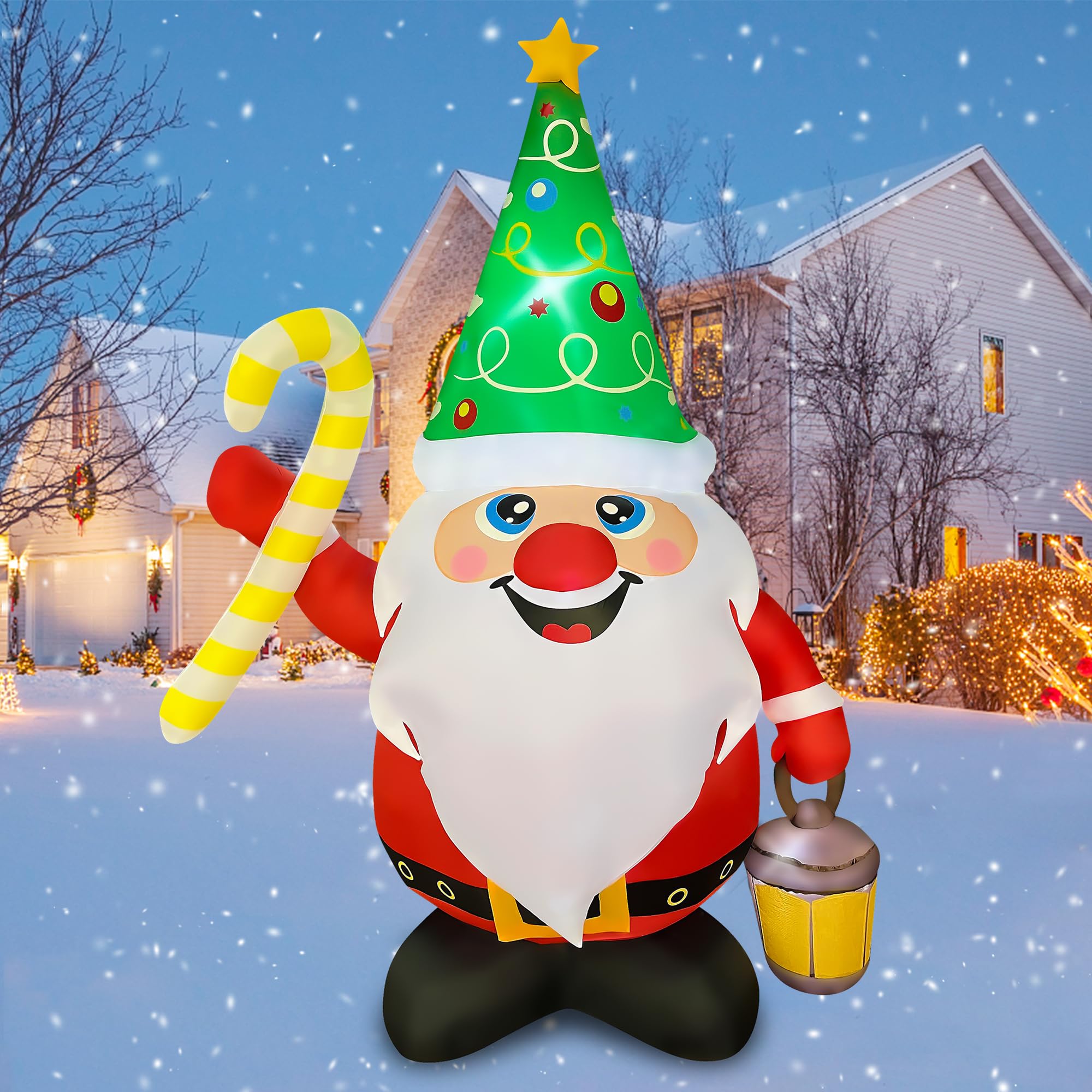 JOYEASE 6 FT Christmas Inflatable Gnome Holds Candy Cane Decorations ...