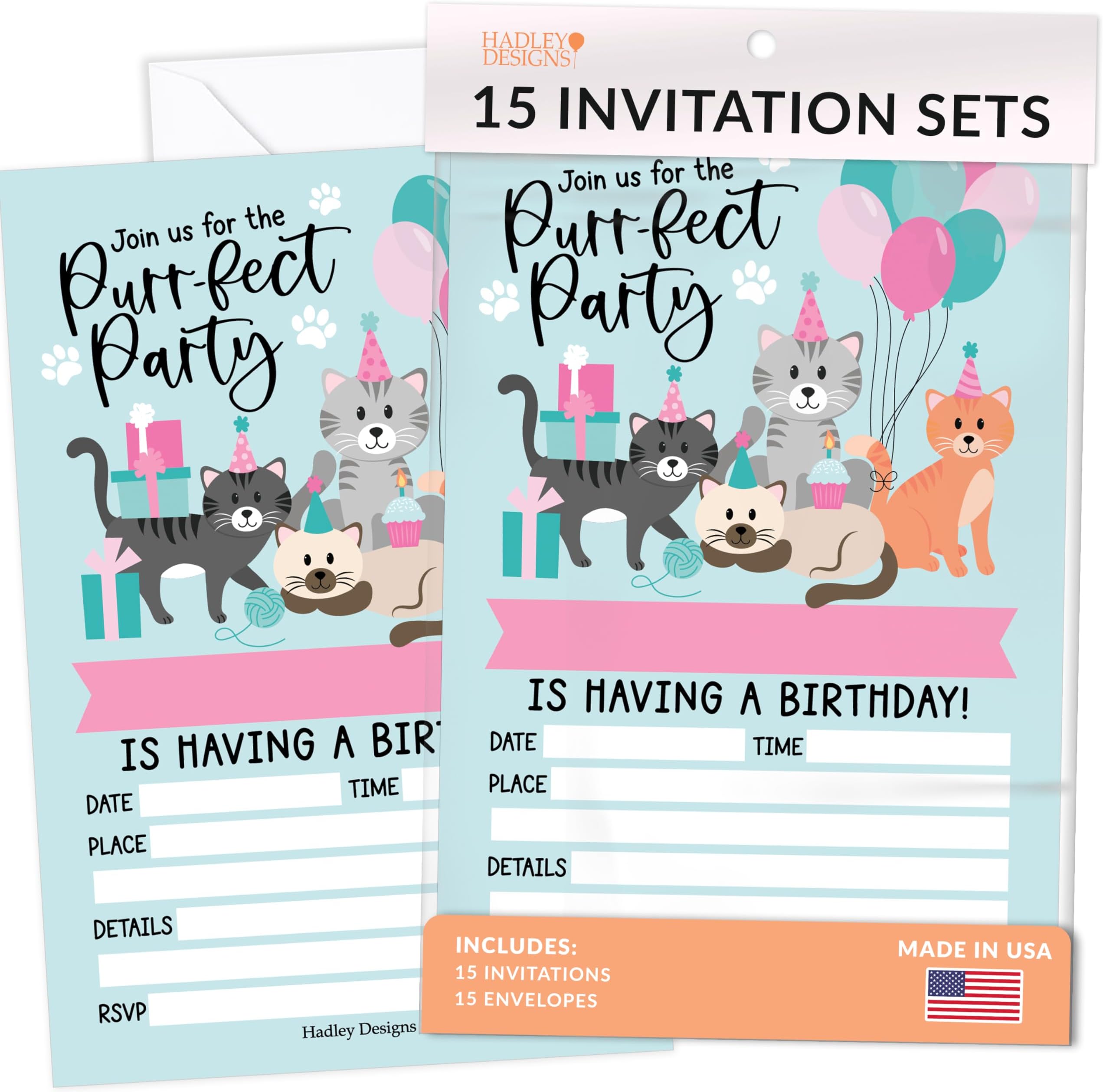 Amazon.com : LoaHak Kitty Cat Birthday Invitation, Cat Birthday ...