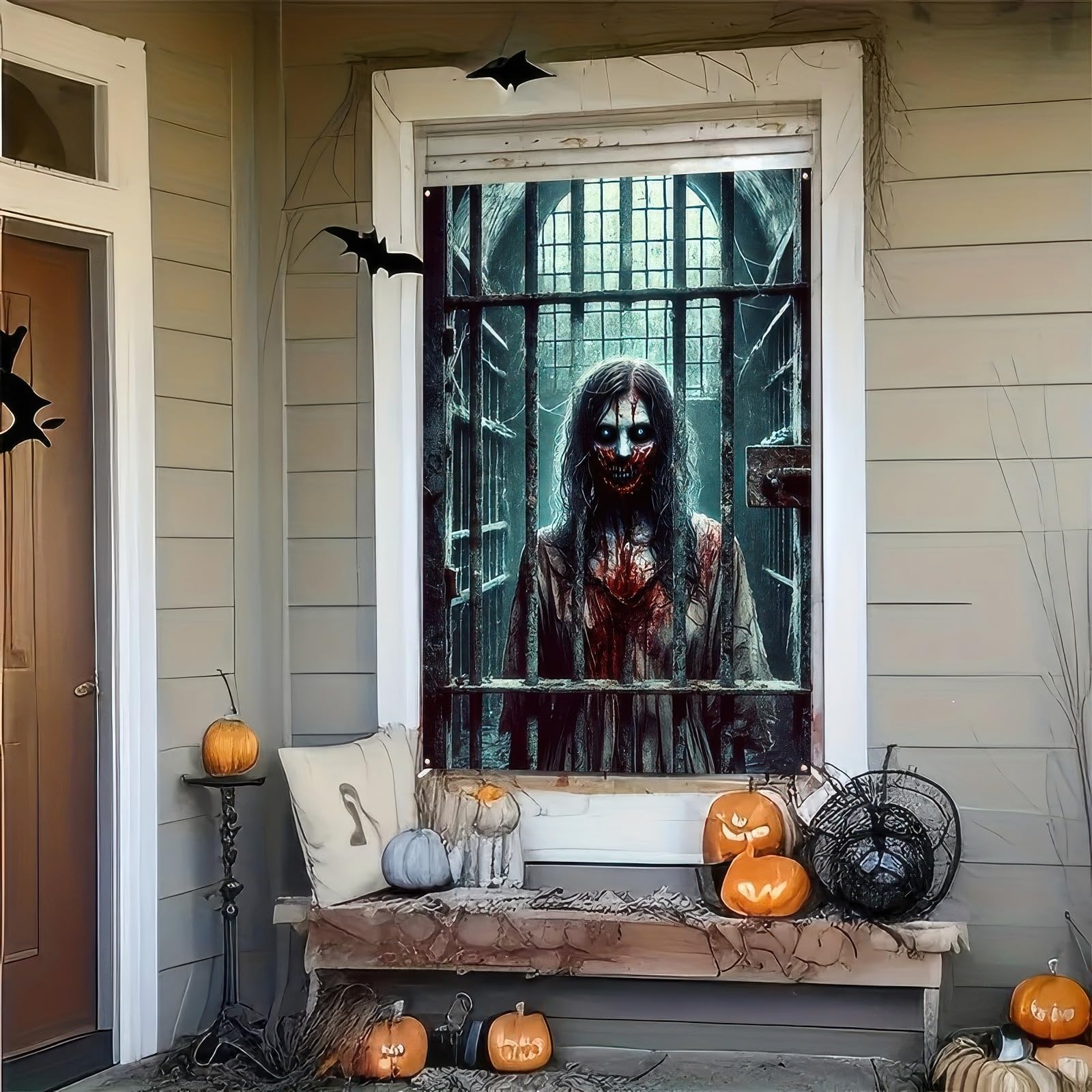 Amazon.com: Halloween Window Cover Decorations Fabric Creepy Halloween ...