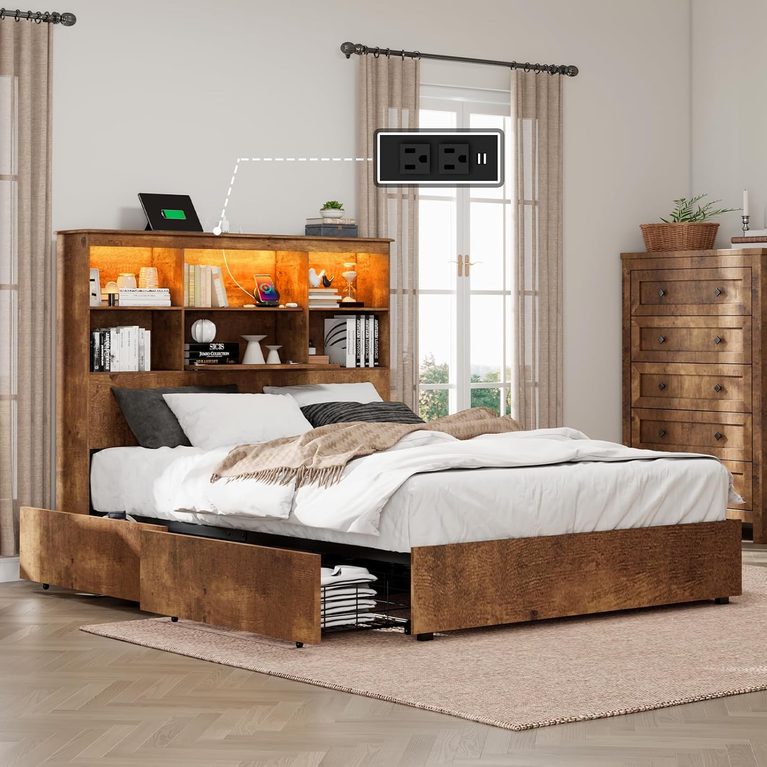 Amazon.com: LUXOAK King Size Bed Frame with LED Bookcase Headboard ...