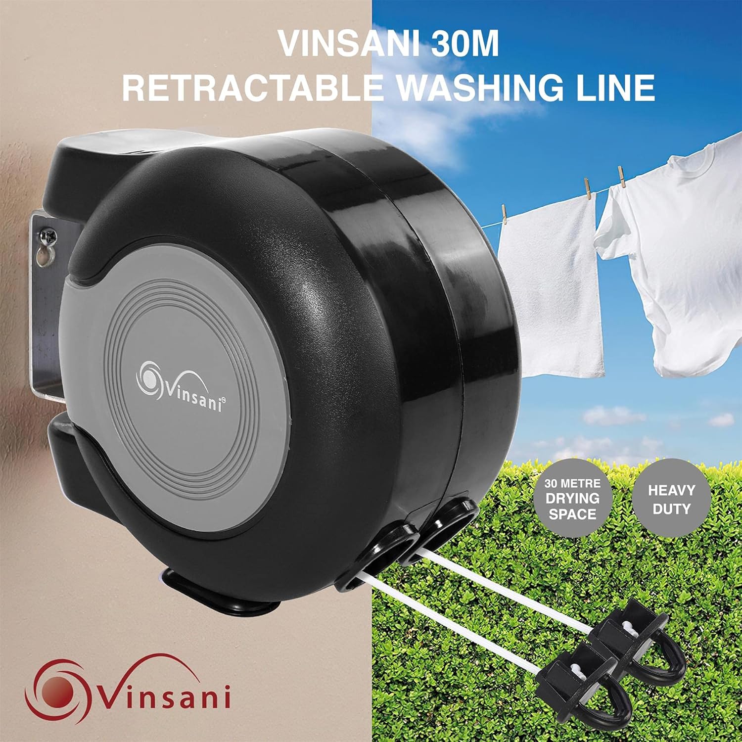Vinsani 30 metre Retractable Reel Clothes Lines Washing Line with Twin ...