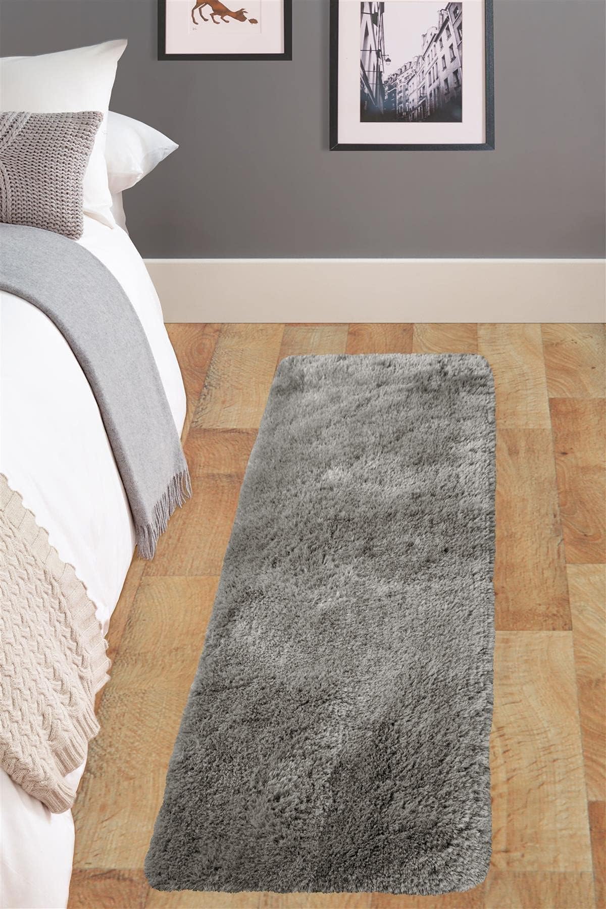 Modern Durable Plush Silver Grey Shaggy Runner Rug Mottled Speckled ...