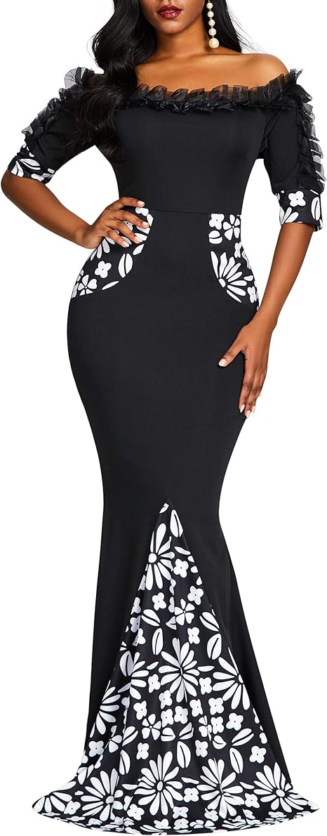 Amazon.com: VERWIN Floor-Length Half Sleeve Print Off Shoulder Color ...