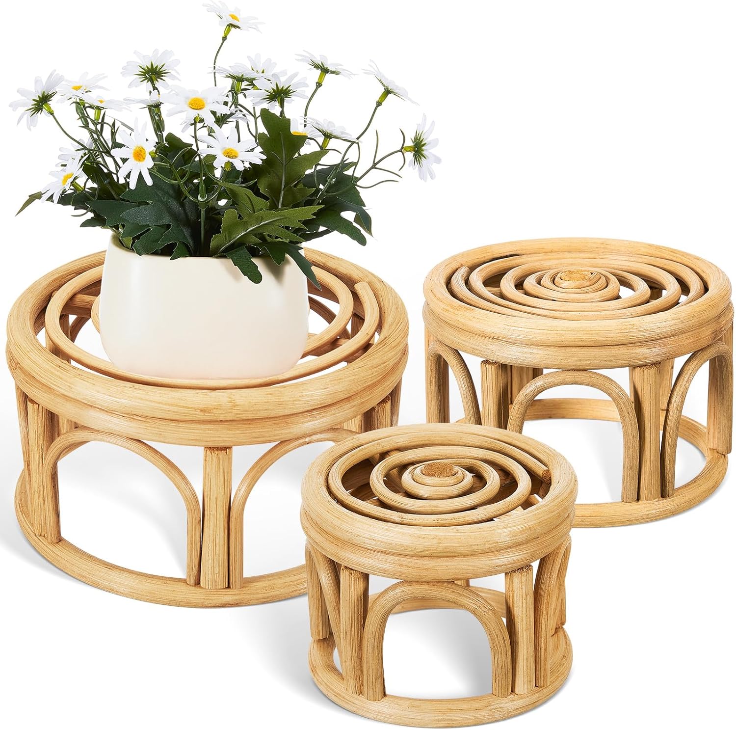 Amazon.com : Thyle 3 Pcs Small Boho Rattan Plant Stand Wicker Round ...