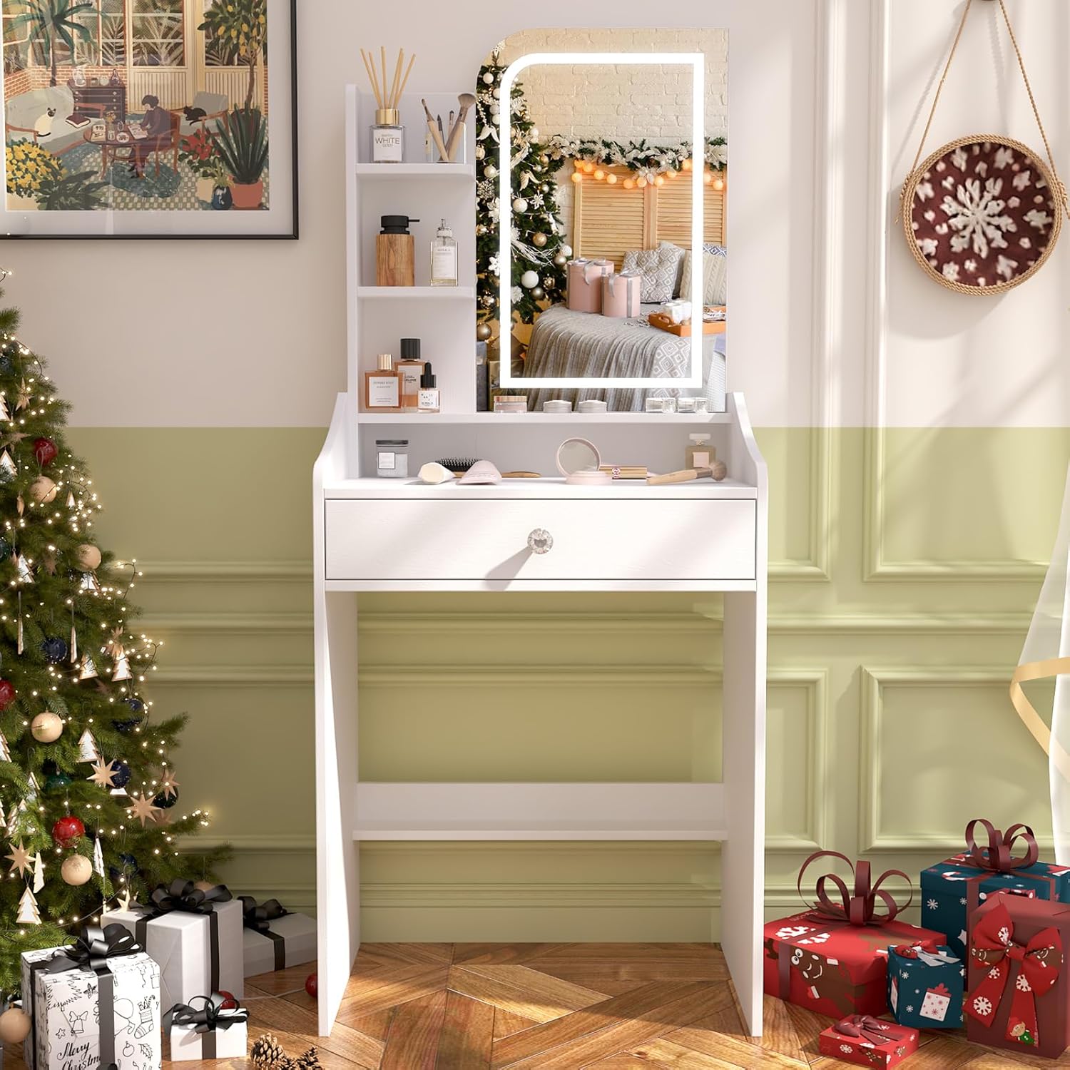 Compact Makeup Table with LED Lights,Vanity Desk with Storage Drawer ...