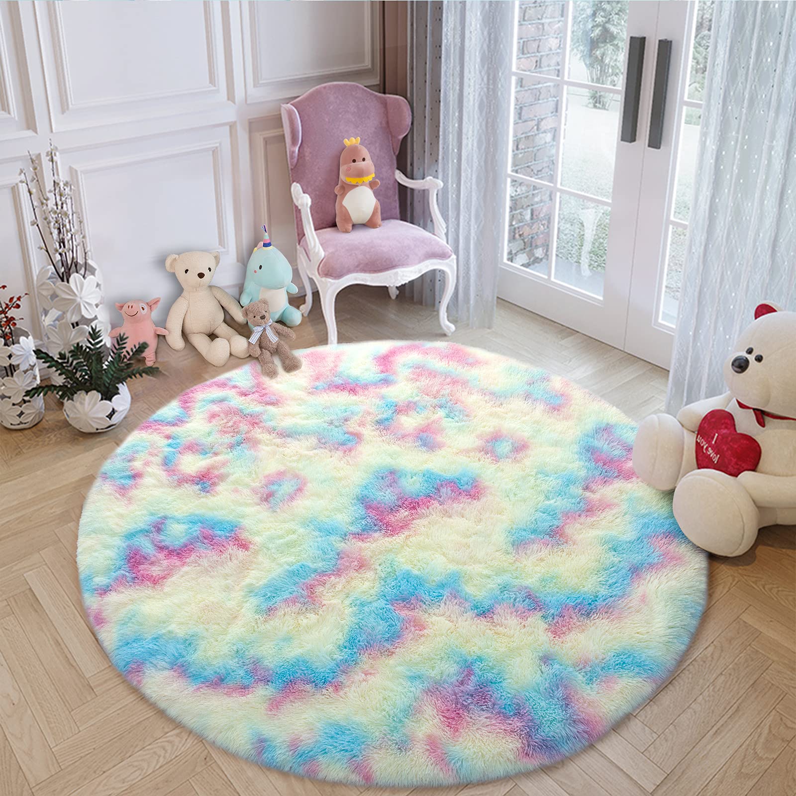 ST. BRIDGE Soft Round Rainbow Rug for Girls Room, Fluffy Circle Rug for ...