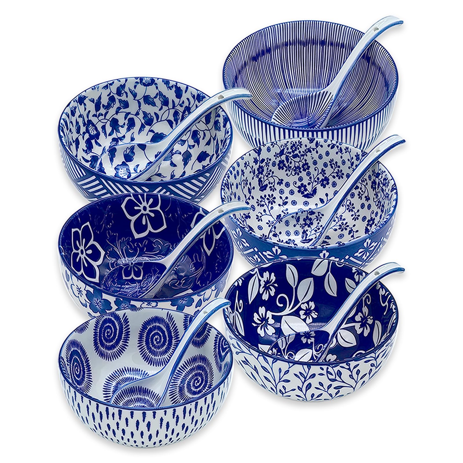 Amazon.com | KeQiu Set of 6 Ceramic Cereal Bowls with 6 Spoons, 24 Oz ...