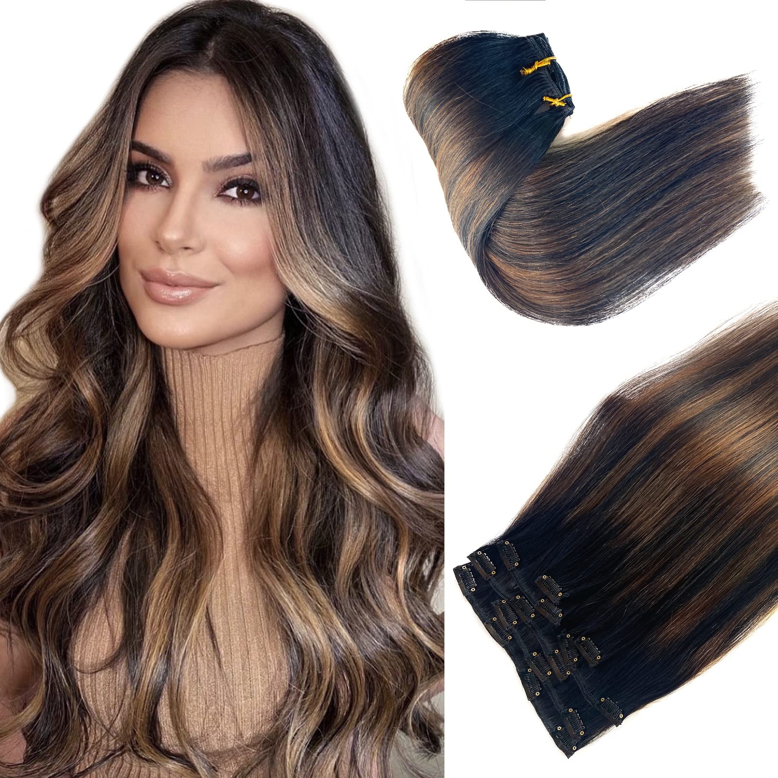 Amazon.com : Ombre Clip in Hair Extensions Human Hair Natural Black to ...