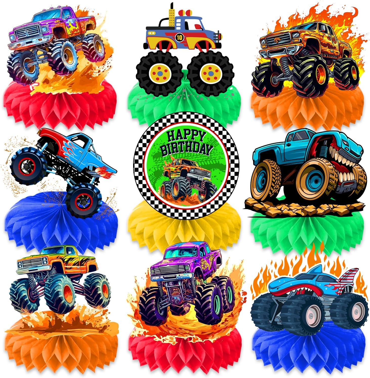Amazon.com: 9PCS Monster Truck Honeycomb Centerpieces Themed Birthday ...
