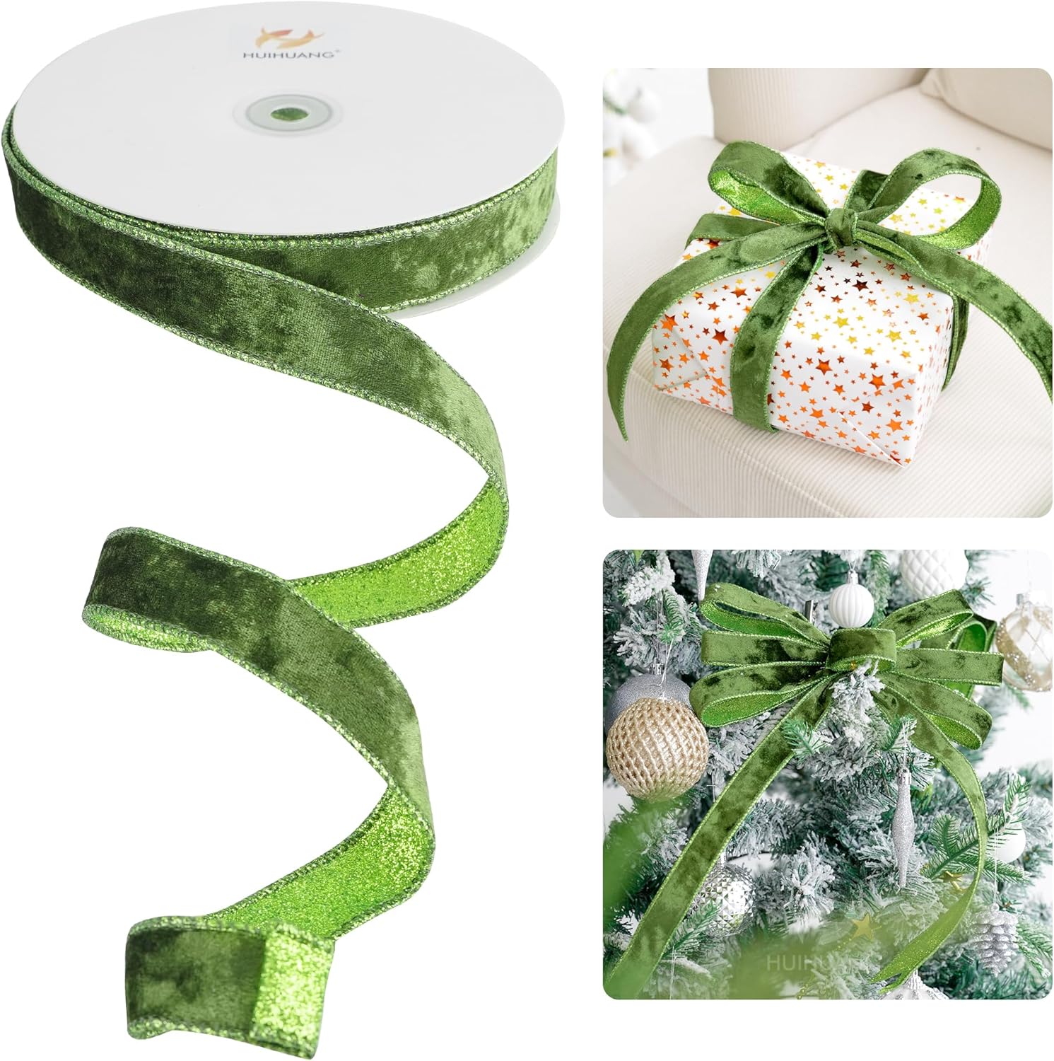 Amazon.com: HUIHUANG Olive Green Velvet Wired Ribbon 1 inch Green ...