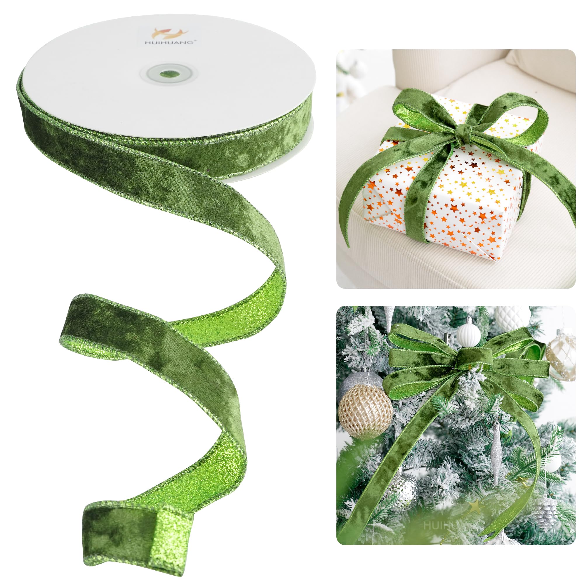 Amazon.com: HUIHUANG Olive Green Velvet Wired Ribbon 1 inch Green ...