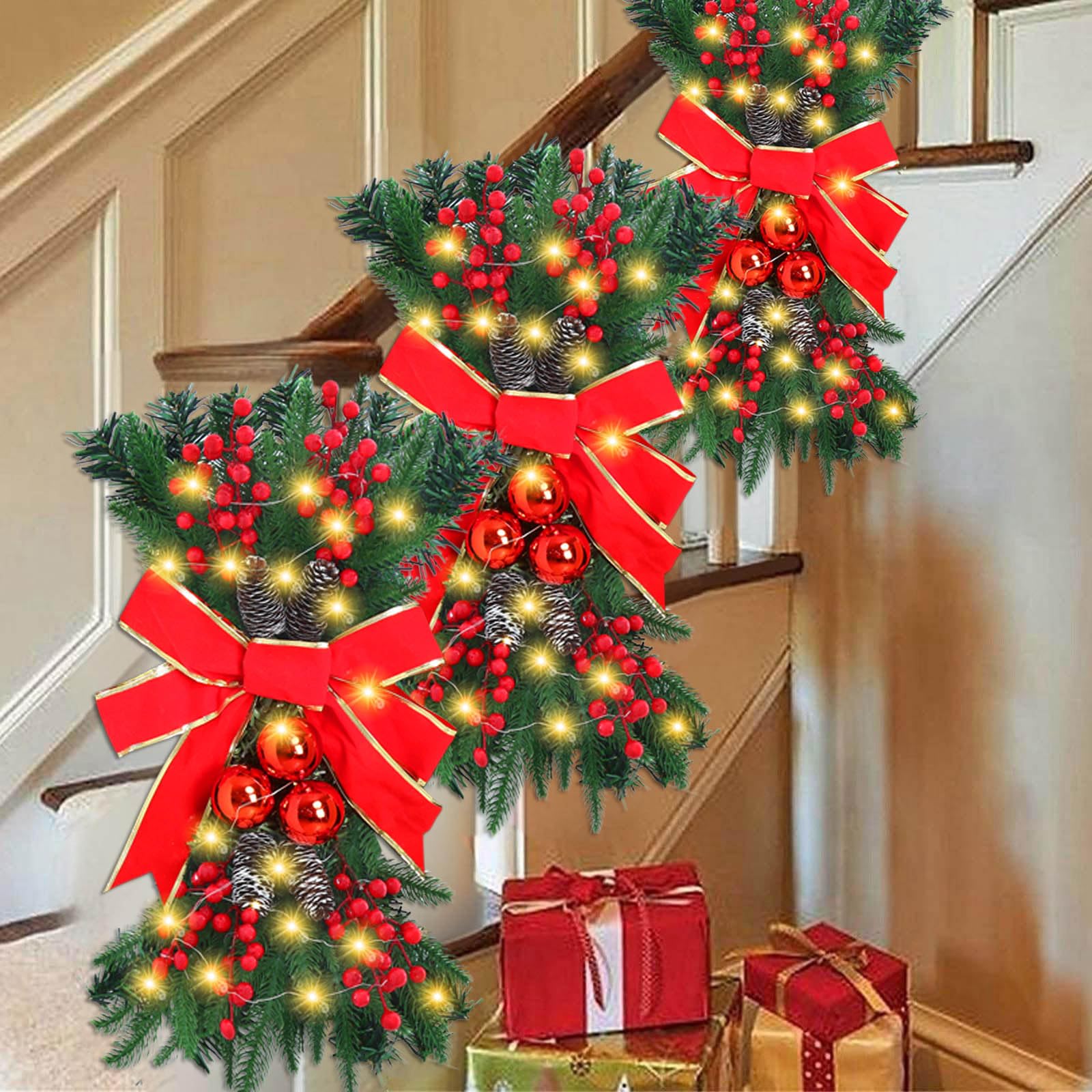 Amazon.com: Womenyiaor 3 Pack Christmas Swags 24" Cordless Prelit ...