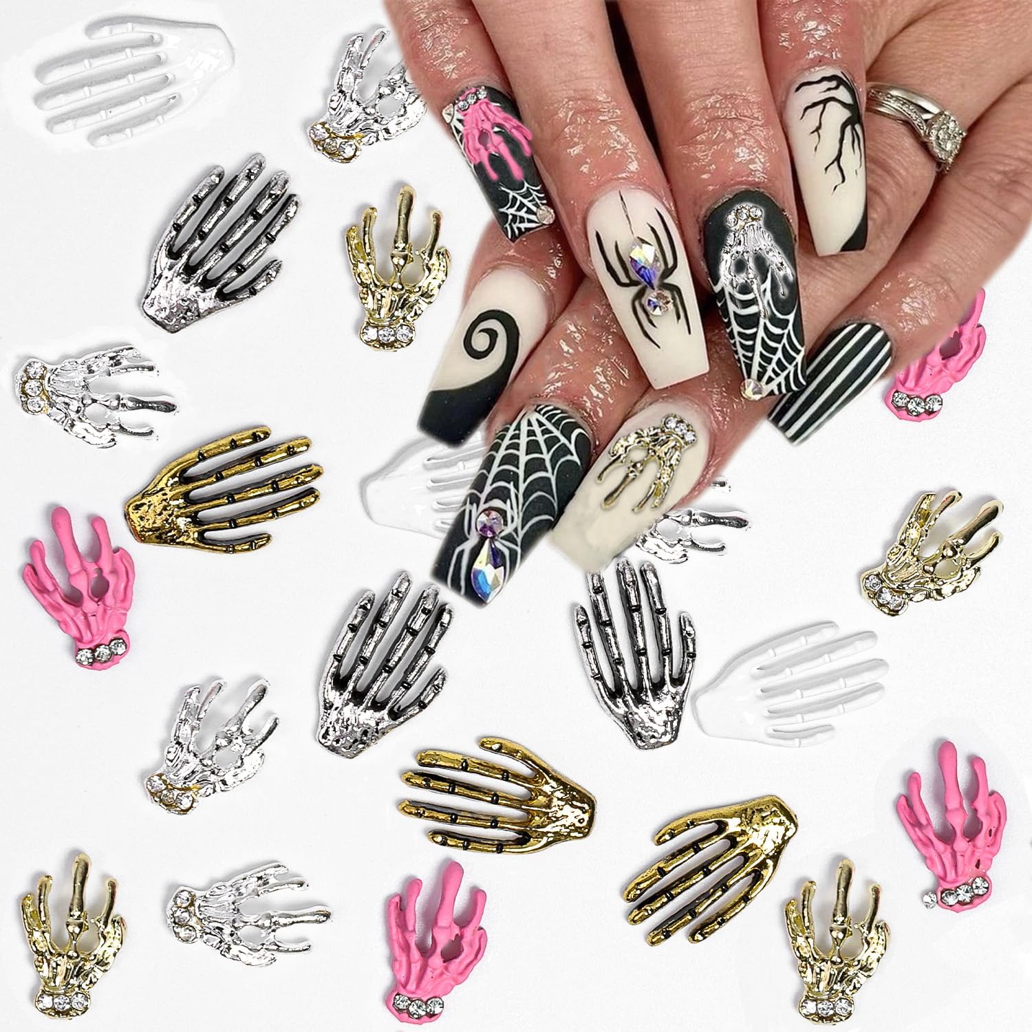 Amazon.com: 18Pcs Halloween Hand Skeleton Nail Charms 3D Gold Silver ...