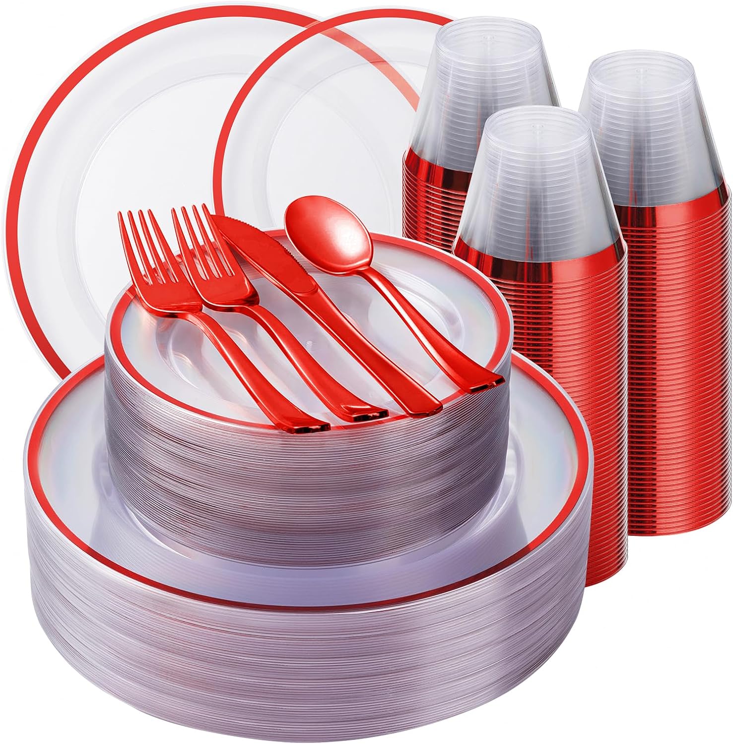 Amazon.com: Beststar 350PCS Red and Clear Plastic Dinnerware Sets for ...