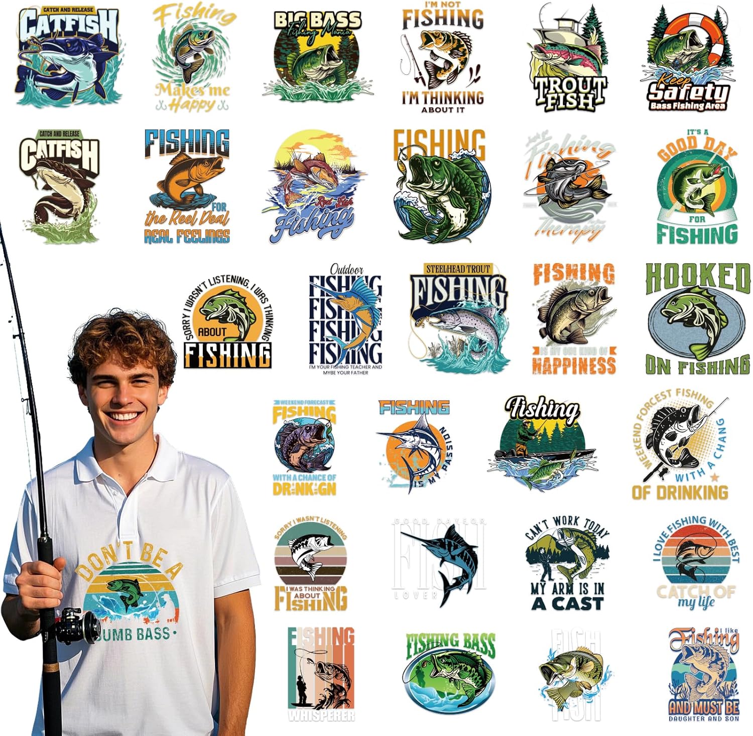 Amazon.com: INCOK Fishing Iron on Transfer - 30 Sheets Funny DTF ...