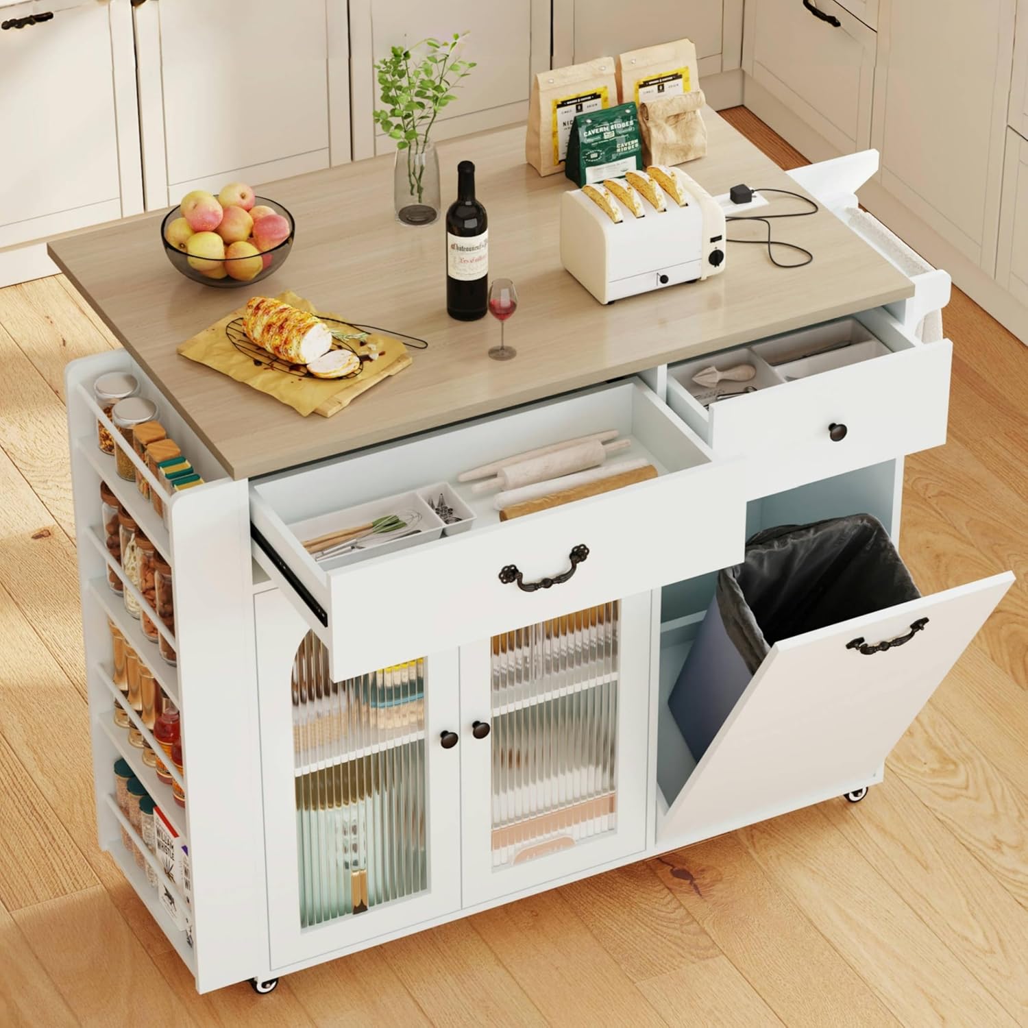 Amazon.com: Kitchen Island with Trash Can Storage, Rolling Kitchen Island on Wheels with Power ...