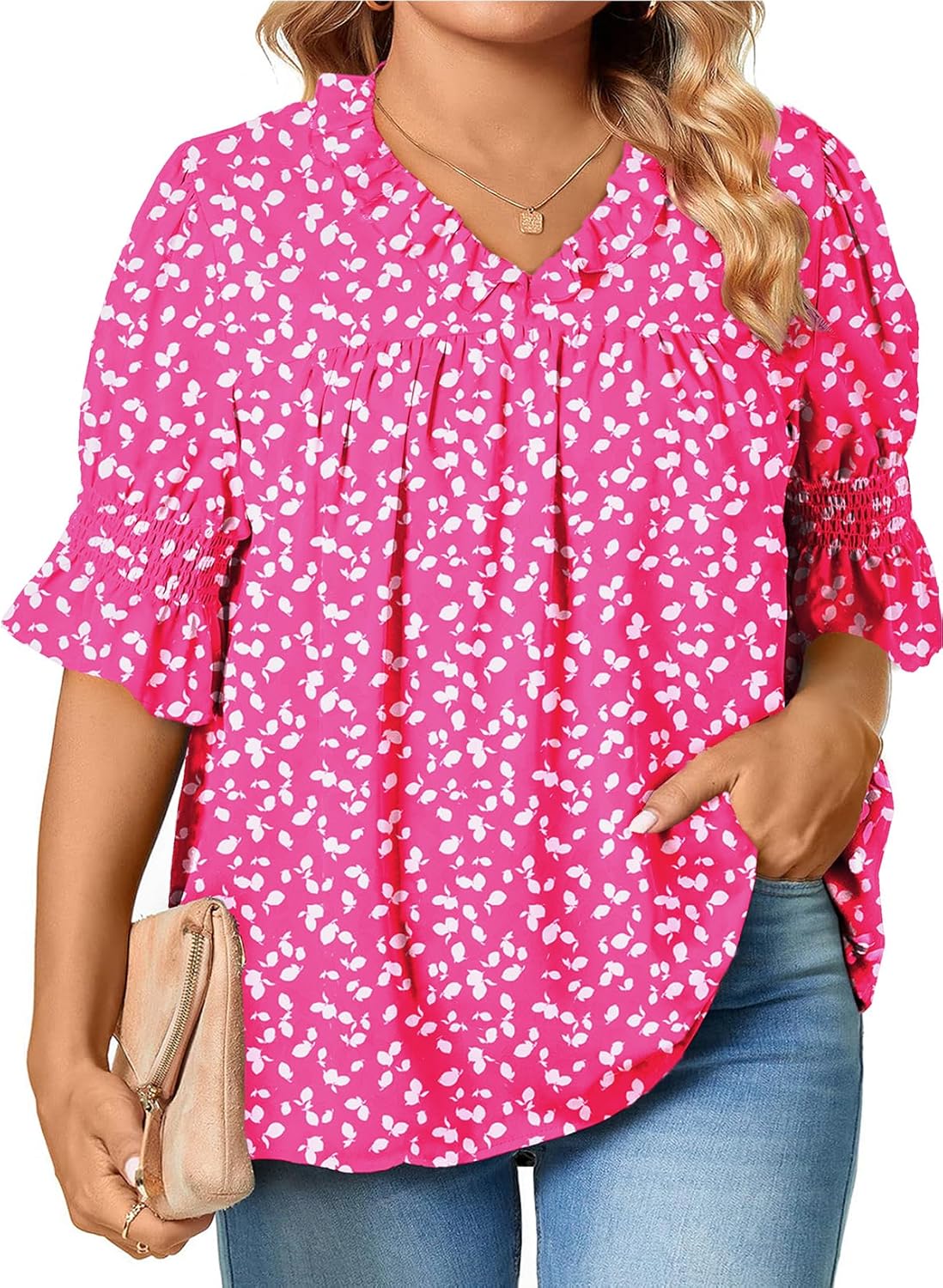 Eytino Womens Plus Size Floral Print Blouses V Neck Ruffle Flowy Short ...
