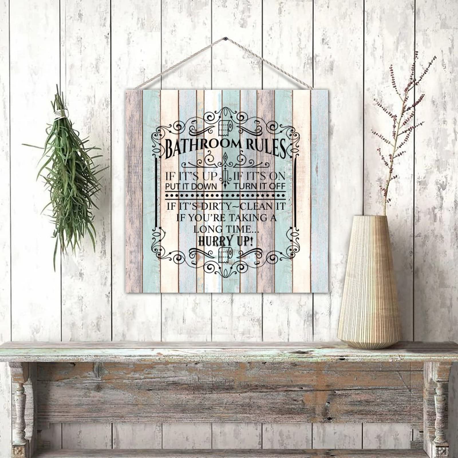 Rustic Bathroom Wall Art Farmhouse Decor Hanging Bathroom Rules Wood ...