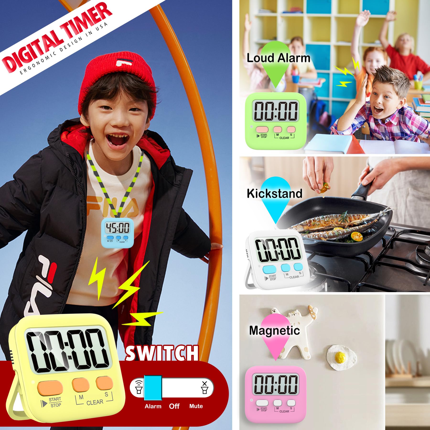 Snapklik.com : Antonki 2 Pack Digital Timer For Kids, Magnetic Countdown Kitchen Timers For ...