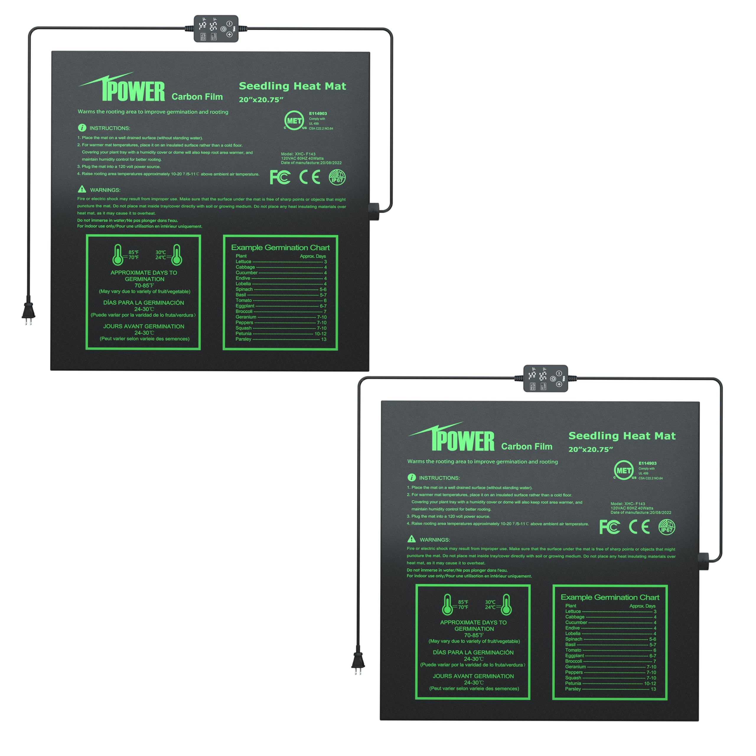 iPower 2-Pack Seedling Mat for Plants with Dual Digital Temperature Controller MET Certified ...