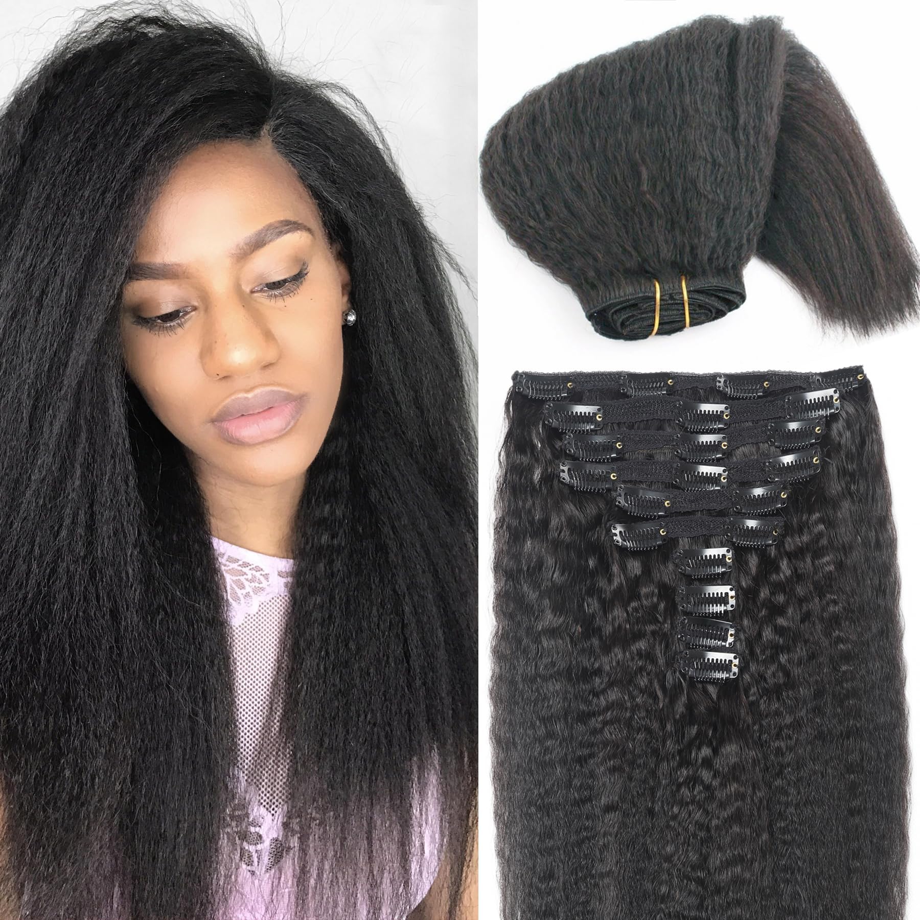 Amazon.com : LANWIUKU Kinky Straight Clip In Hair Extensions Real Human ...