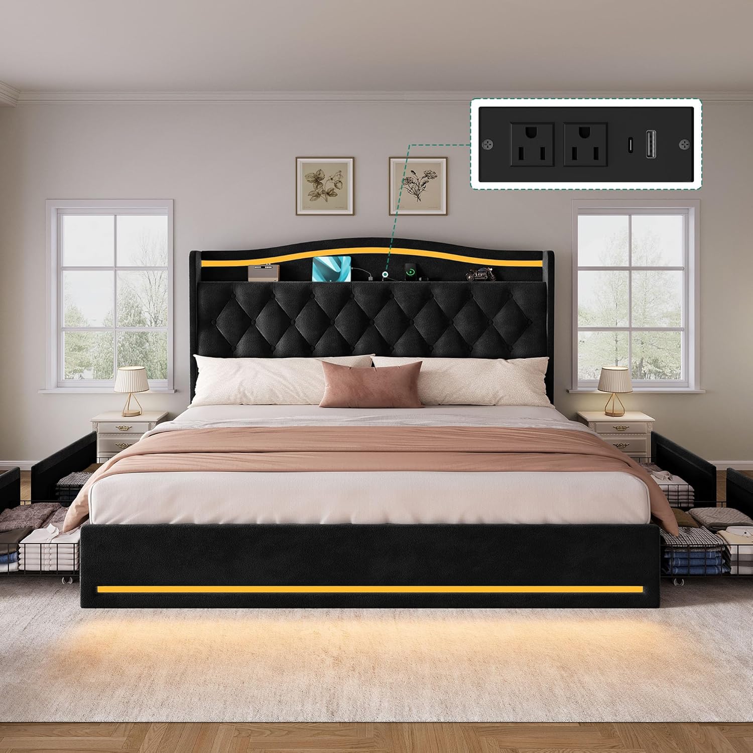 Amazon.com: DWVO Base de cama tamaño King con 4 cajones de ...