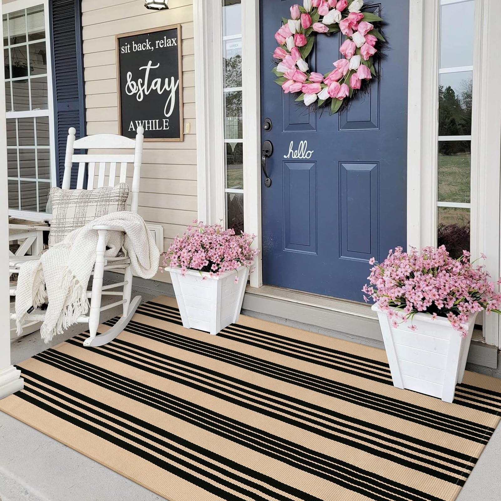 Amazon.com: Sungea Black and Khaki Striped Rugs 3x5, Outdoor Cotton ...