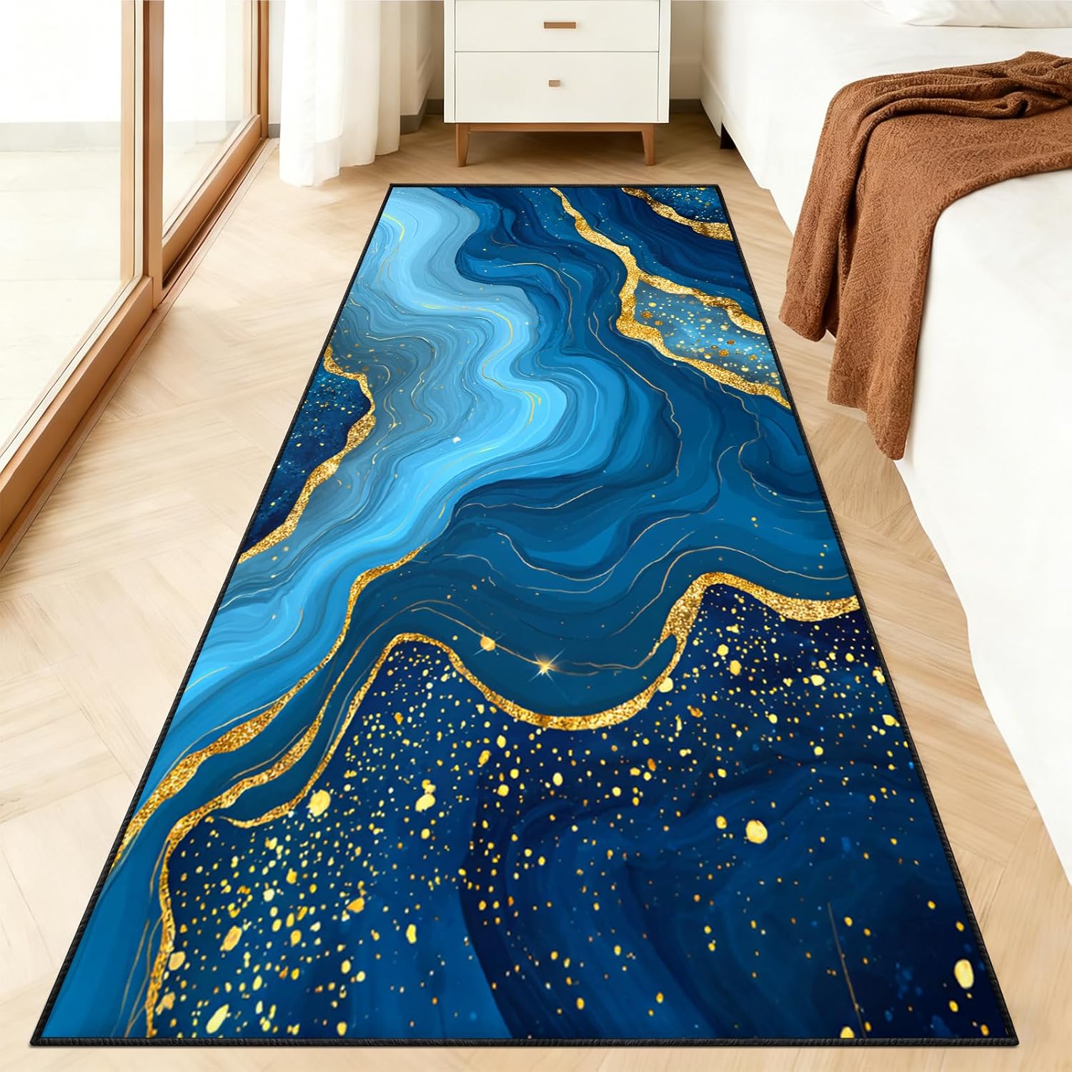Amazon.com: KUKEEUA Blue Marble Rug for Runner 2x8ft, Gold Foil Art ...