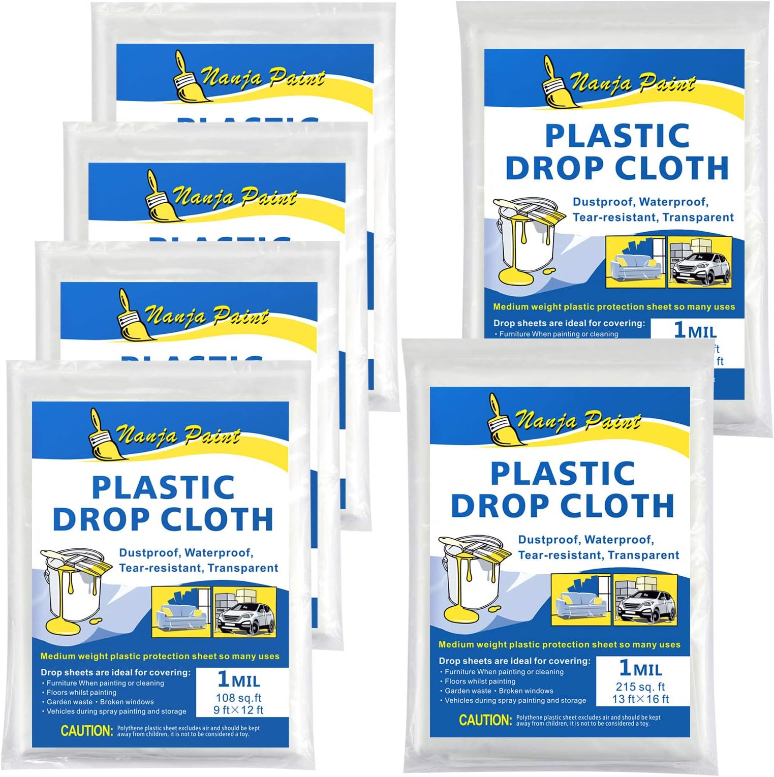 Amazon.com: Juvale 6-Pack of 1 mil Clear Plastic Drop Cloths for ...