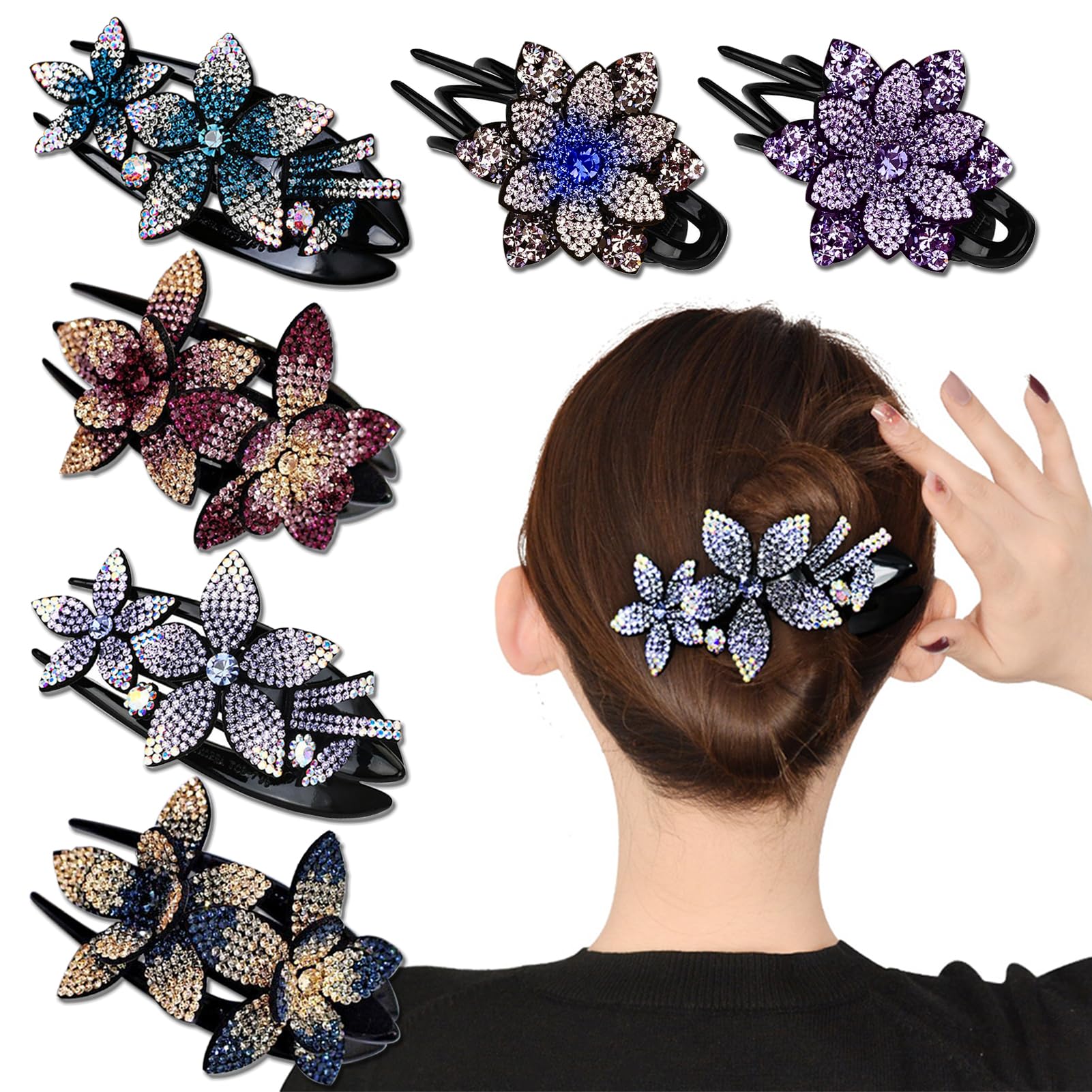 Amazon.com : 6 Pack Rhinestone Double Flower Hair Clip for Women Girls ...