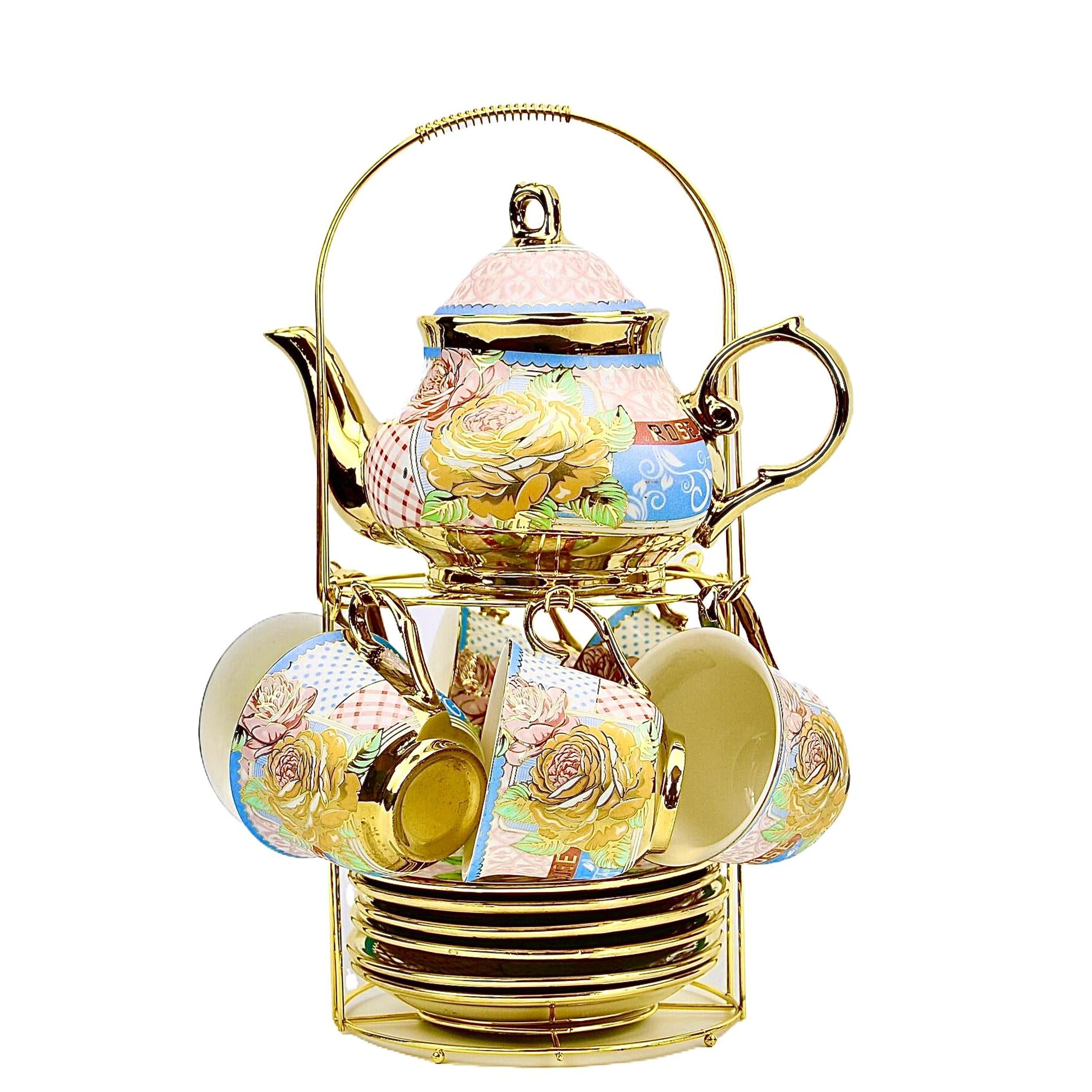 20 Pieces Porcelain Tea Set With Metal Holder, European Ceramic tea set ...