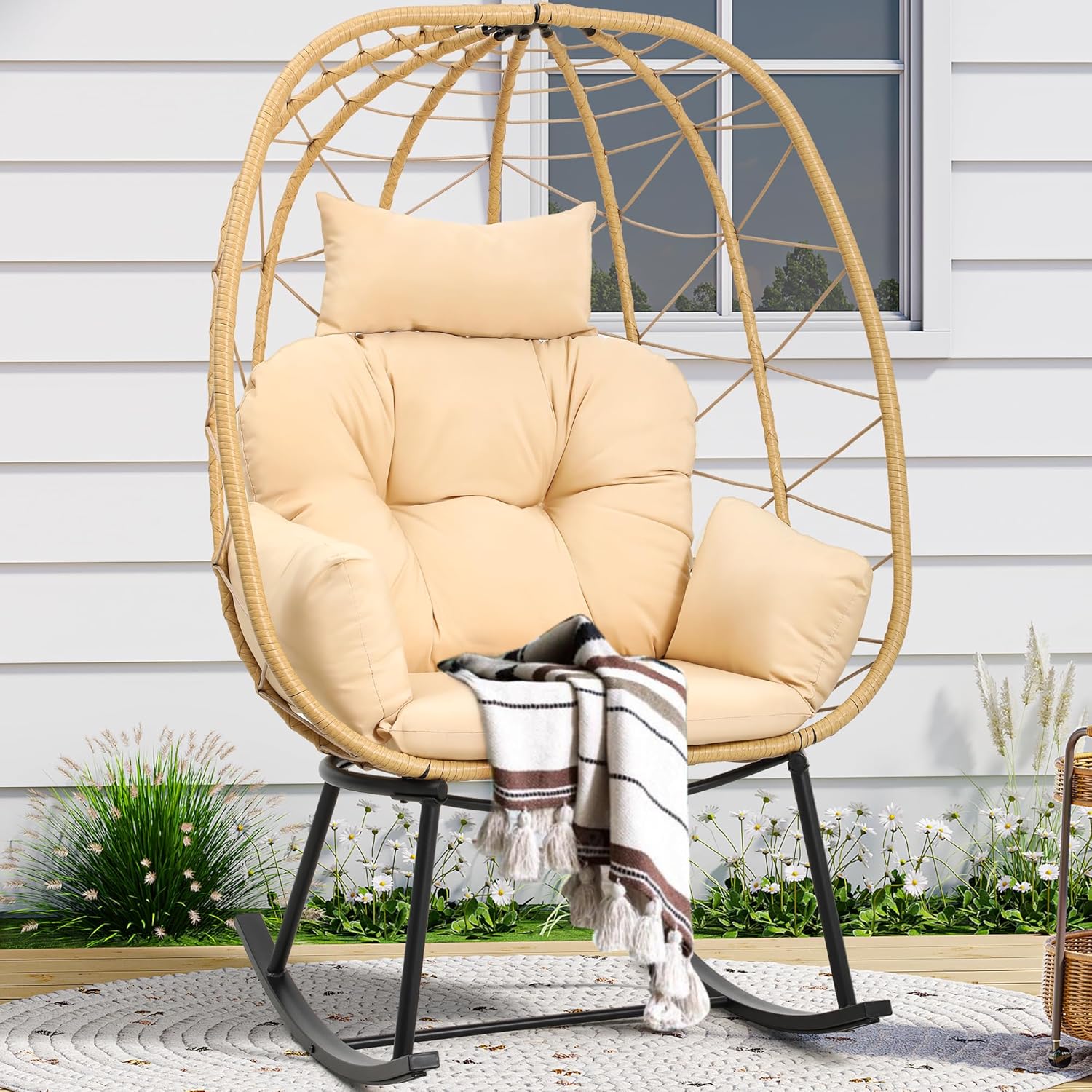 Amazon.com: YITAHOME Wicker Rocking Egg Chair, Outdoor Patio Rocking ...