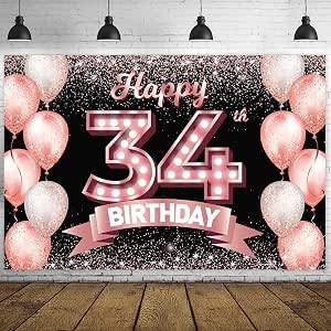 Amazon.com: Happy 34th Birthday Rose Gold Banner Backdrop Cheers to 34 ...