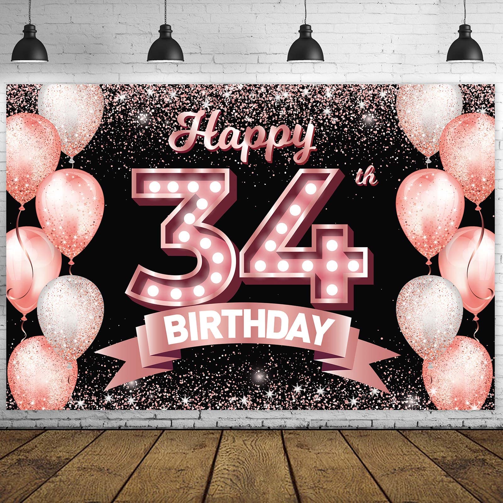 Amazon.com: Happy 34th Birthday Rose Gold Banner Backdrop Cheers to 34 ...