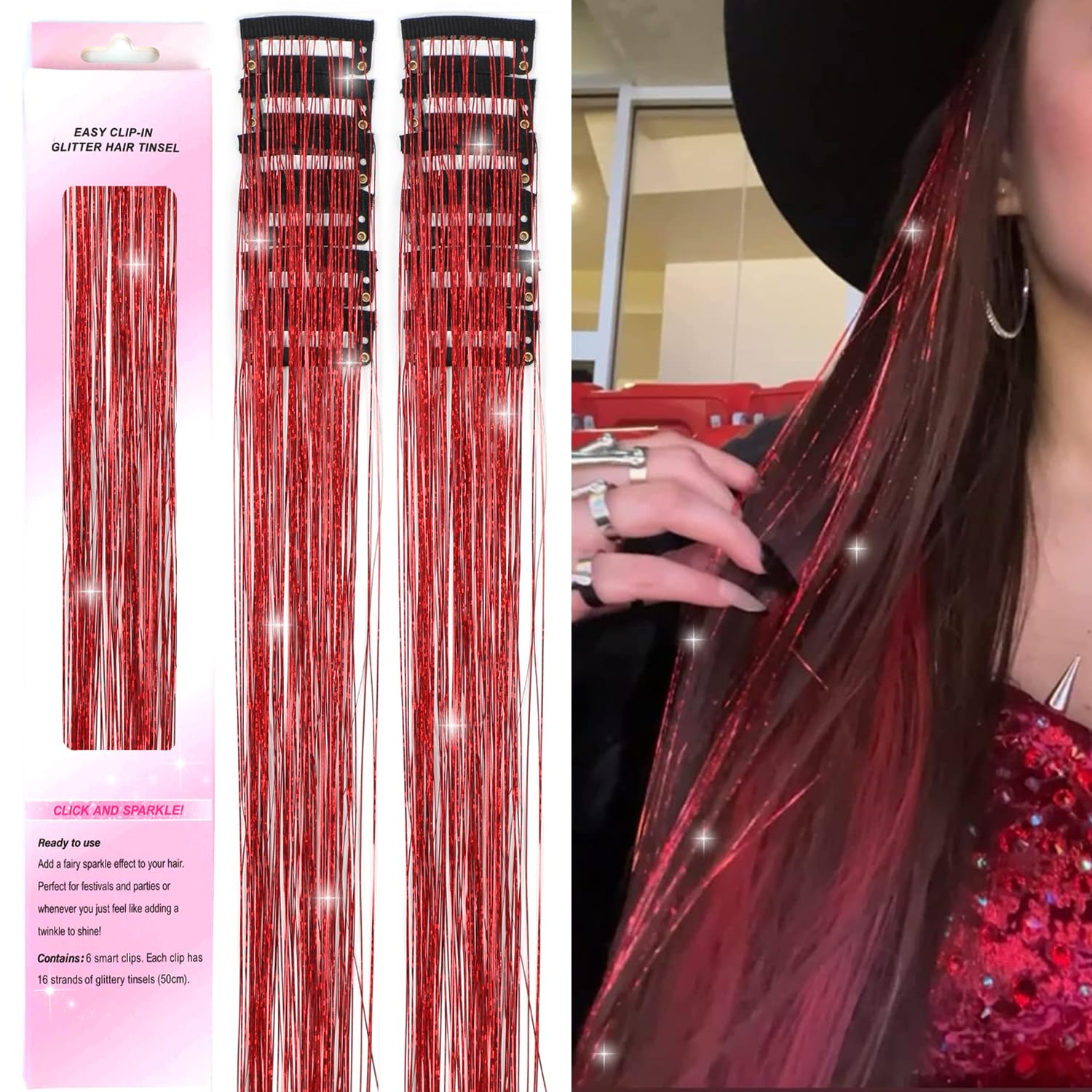 Amazon.com : USHUIUS Hair Tinsel Clip in 12Pcs Red Tinsel Hair Glitter ...
