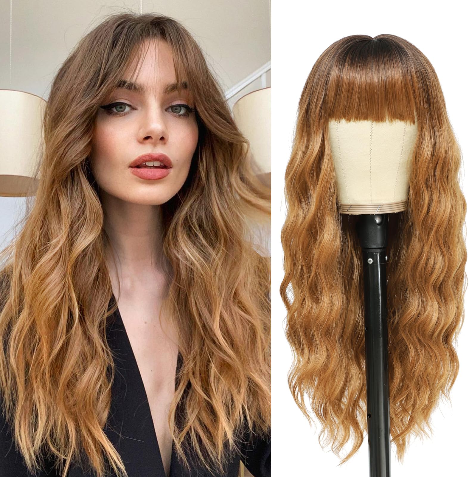 Amazon.com : VERNA Strawberry Blonde Wig with Bangs, 26 Inch Long Ombre ...