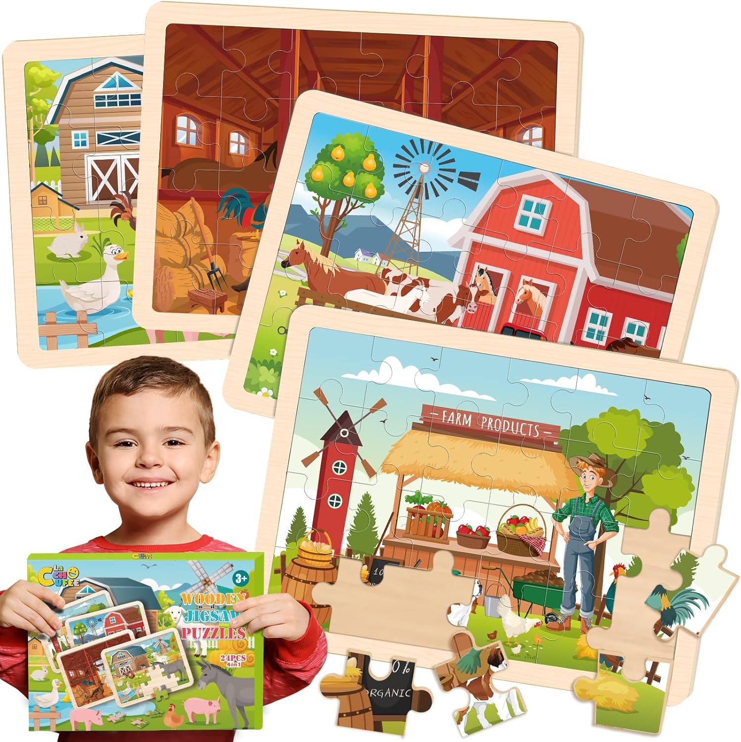 Amazon.com: Wooden Farm Puzzles for Kids Age 3 4 5 Year Old, 4 Pack 24 ...