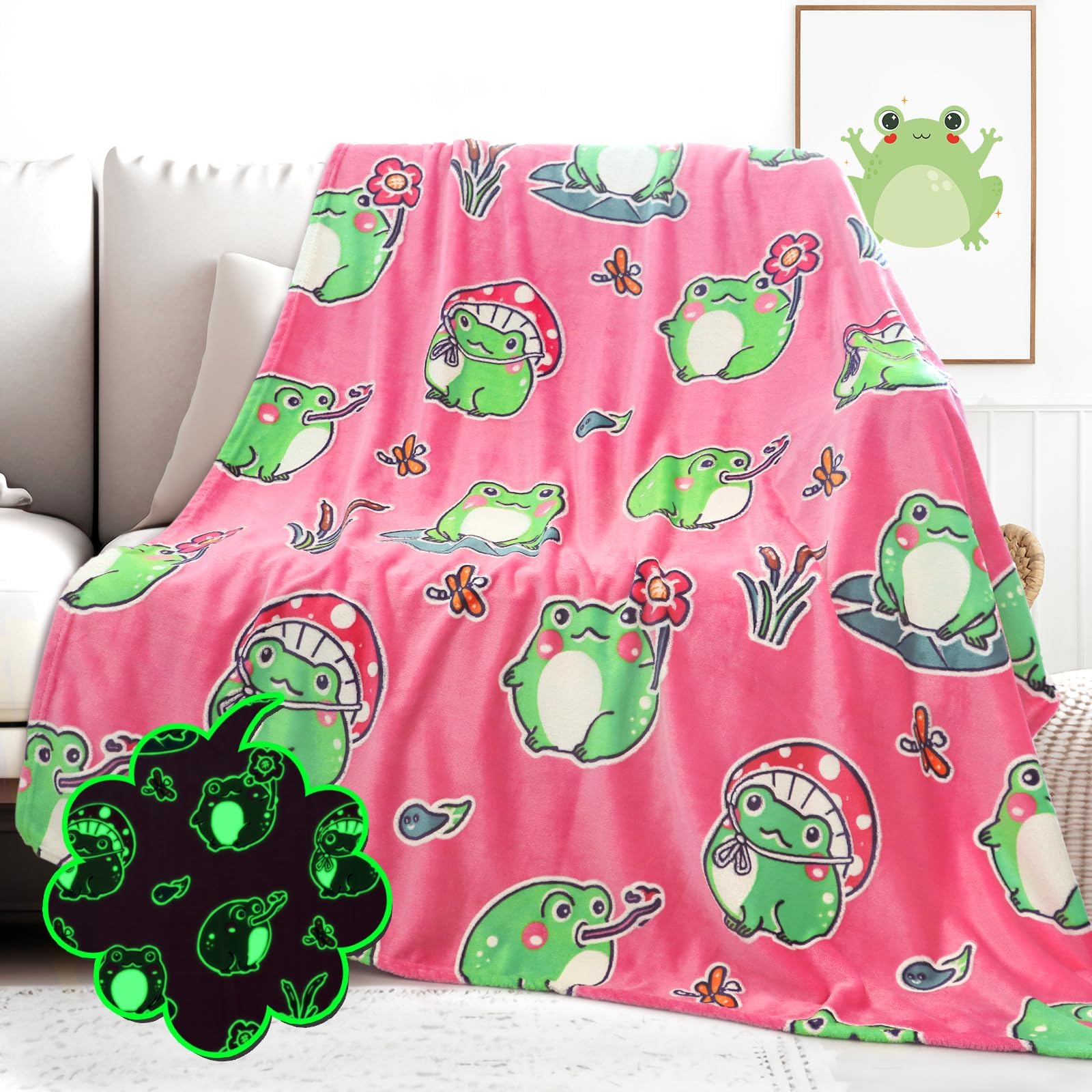 Amazon.com: Cute Green Frog Mushroom Blanket, Flannel Blanket Soft and ...