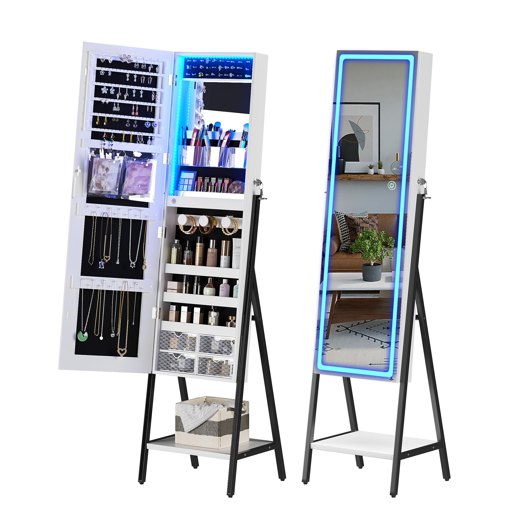HNEBC LED Mirror Jewelry Cabinet Standing, Lockable Jewelry Armoire ...