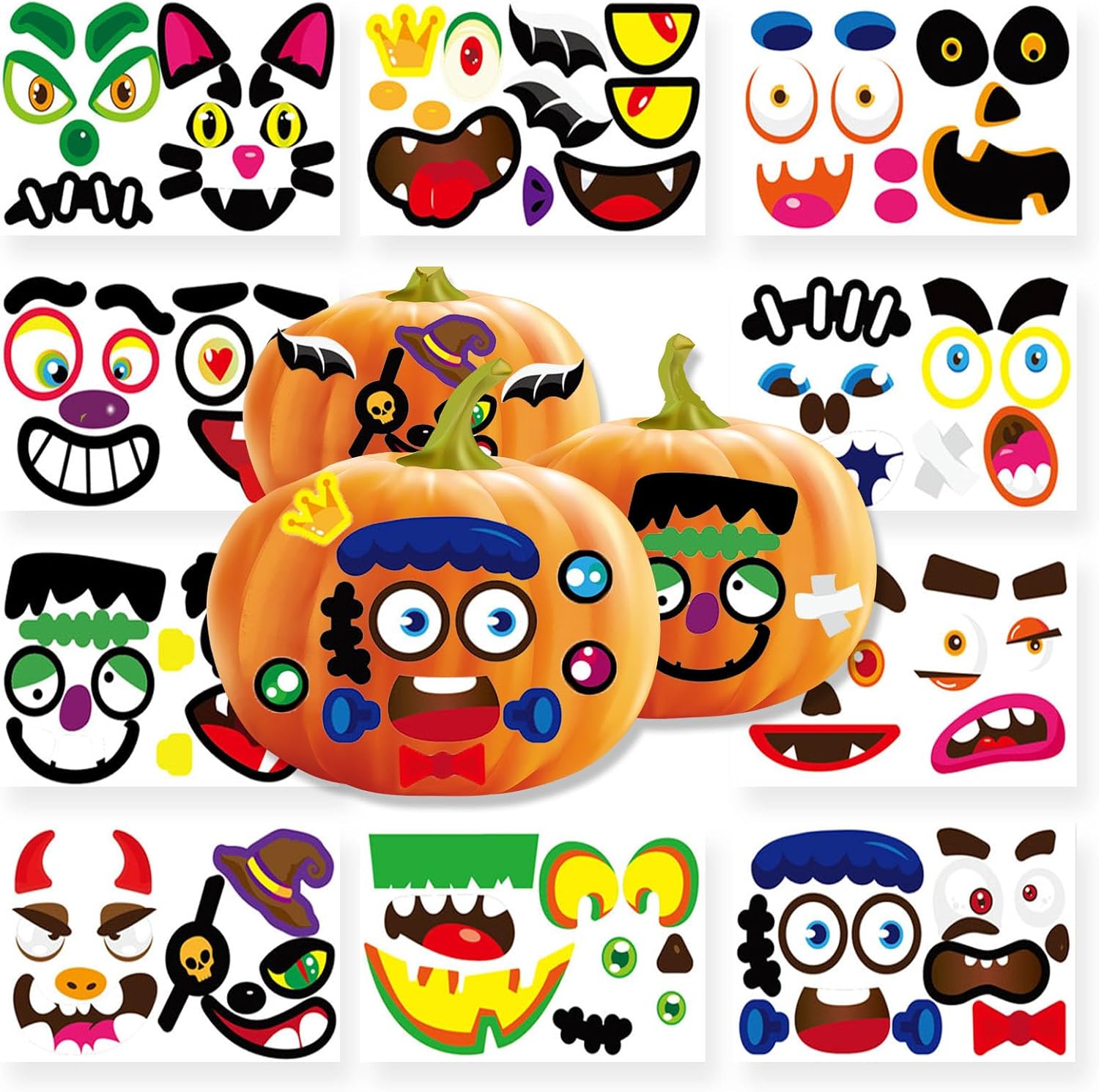 Amazon.com: DECYOOL 96 Pieces of Mini Halloween Pumpkin Face Stickers ...