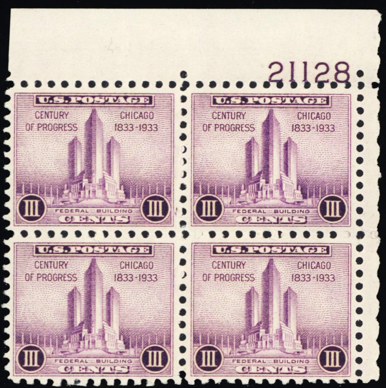 Amazon.com: 1933 3 Cent Century of Progress Plate Block of Four Postage ...