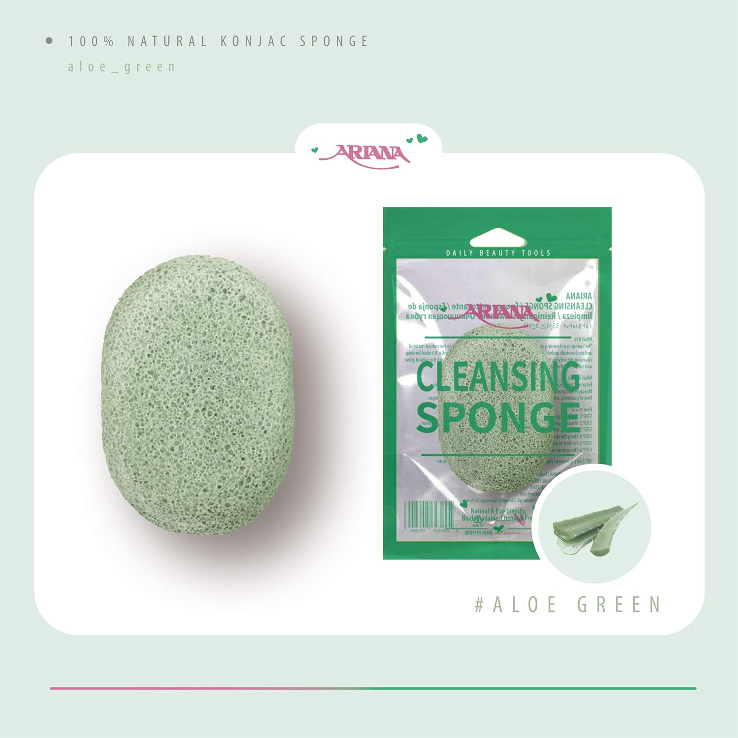 ARIANA Konjac Facial Sponge Oval Aloe Green 308A Bath Cleansing Sponges ...
