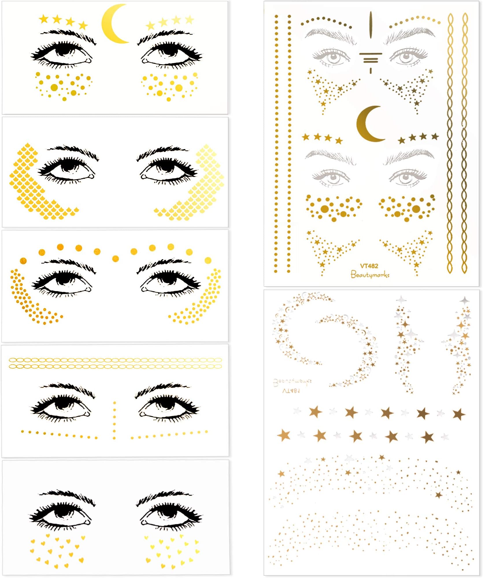 Amazon.com : 7 Sheets Face Metallic Tattoo Stickers Gold Face Temporary ...