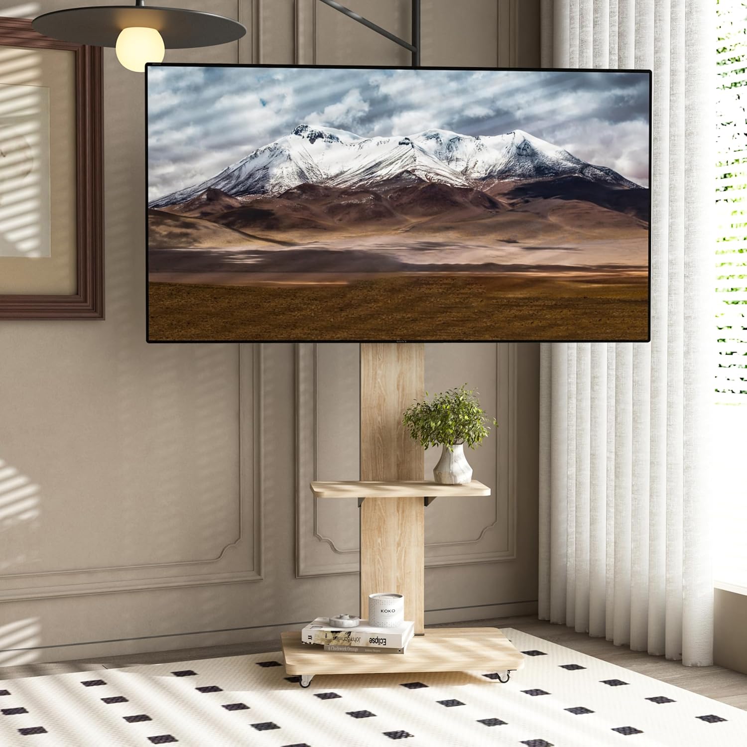 Amazon.com: Natural Wood Rolling TV Stand, Mobile TV Cart on Wheels for ...