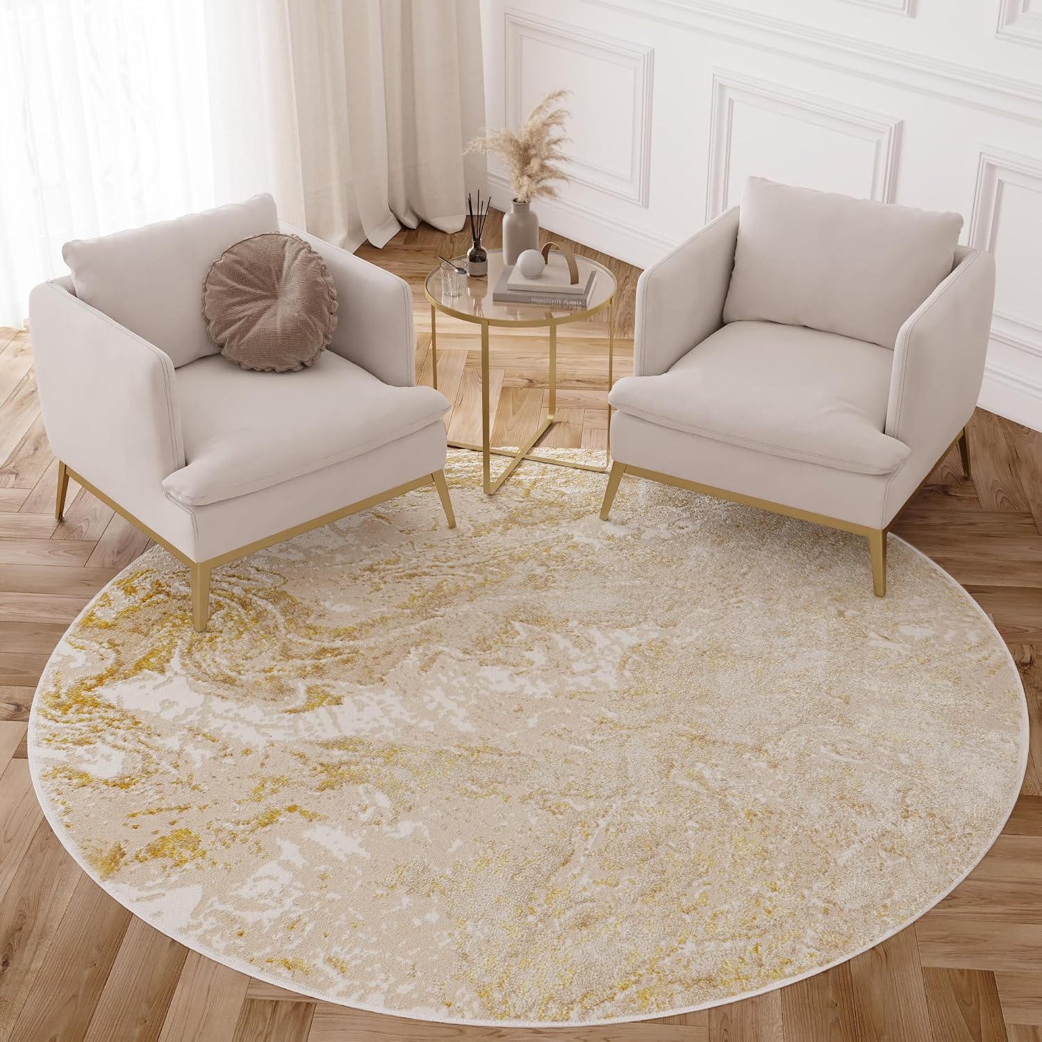 TAPISO Crystal Round Area Rug Short Pile Modern Abstract Beige Gold ...