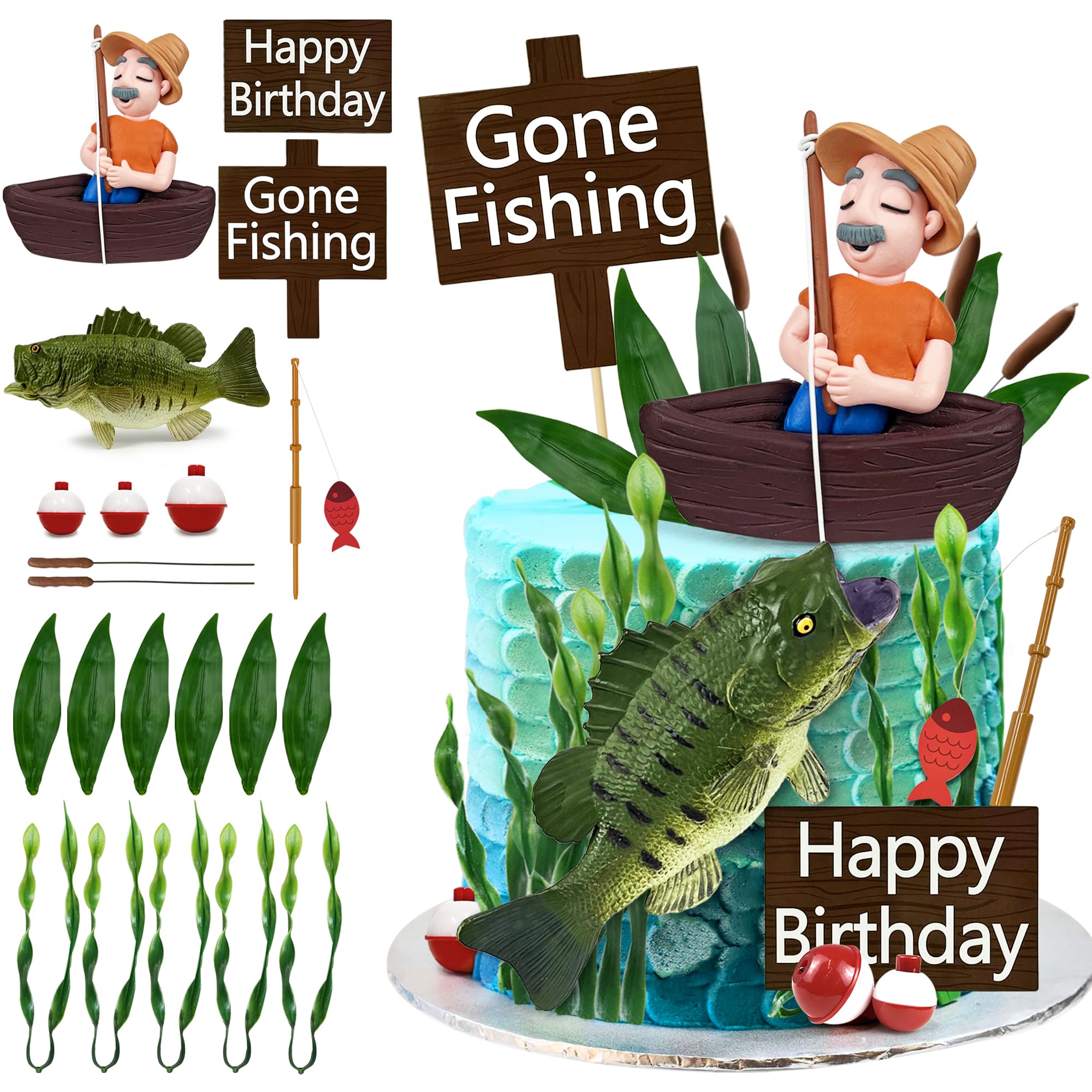 Amazon.com: 21 PCS Gone Fishing Cake Toppers Fisherman Fish Cake ...