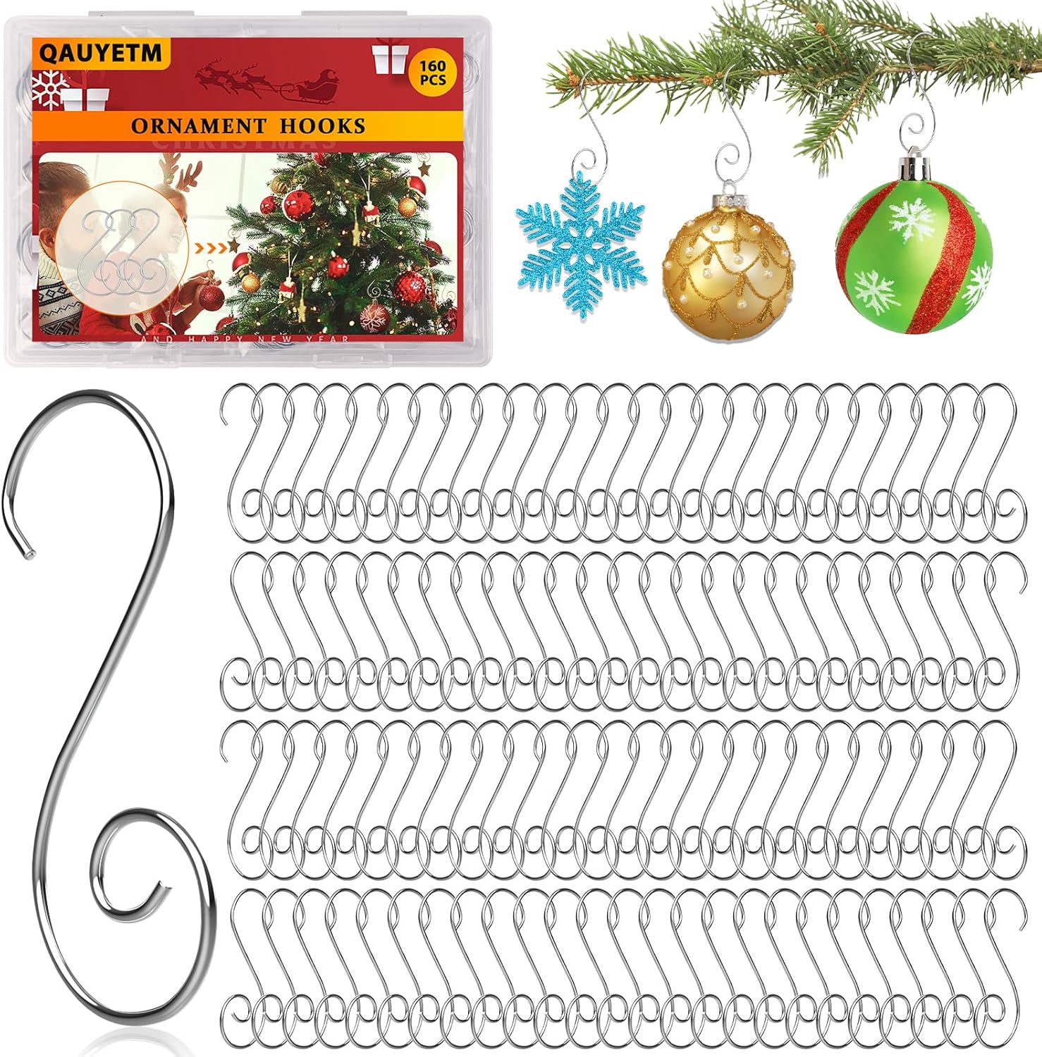 Amazon.com: QAUYETM 160 Pcs Christmas Ornament Hooks Silver S-Shaped ...
