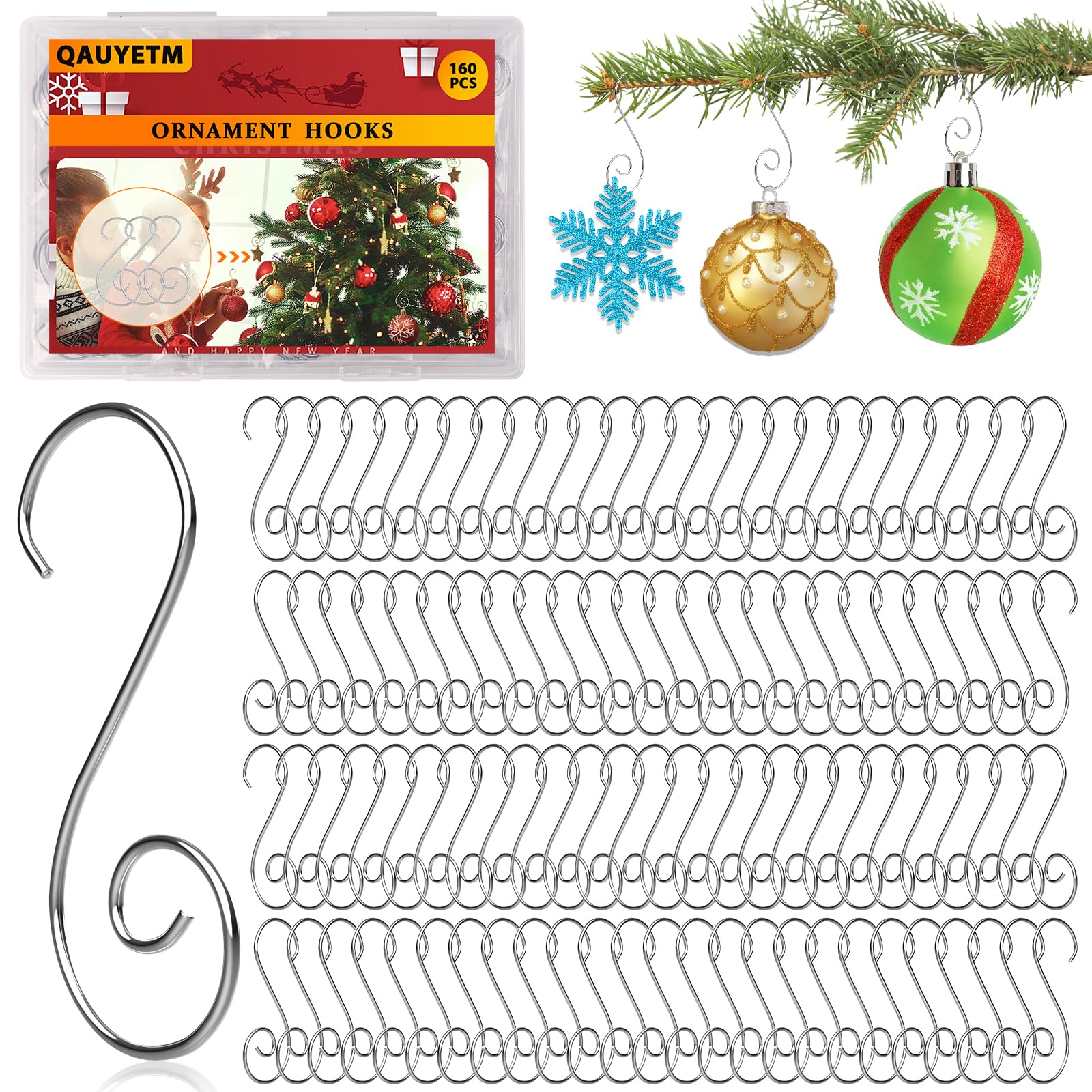 Amazon.com: QAUYETM 160 Pcs Christmas Ornament Hooks Silver S-Shaped ...