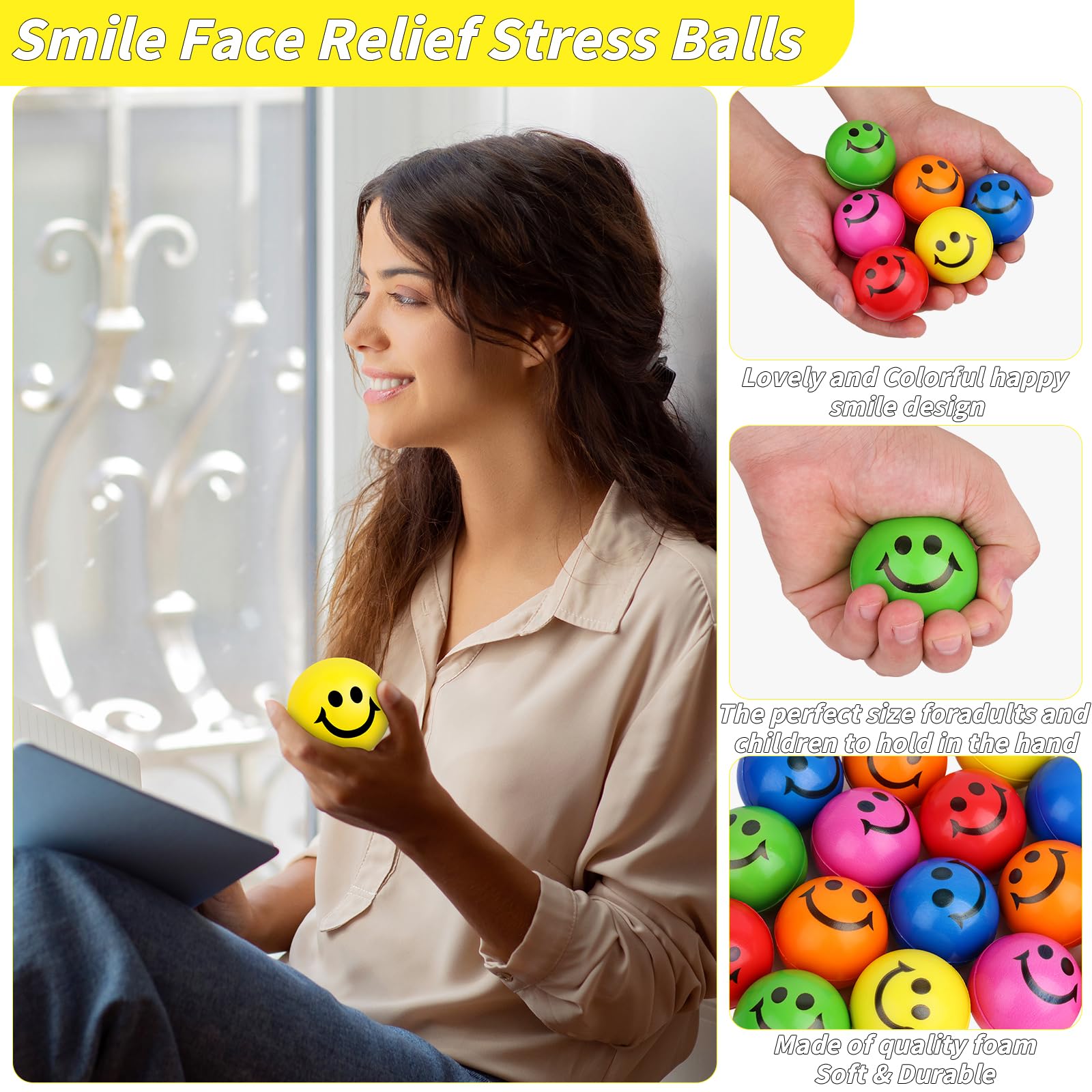 Snapklik.com : 96 Pack Smile Face Stress Balls Bulk 2 Inch Funny Face ...